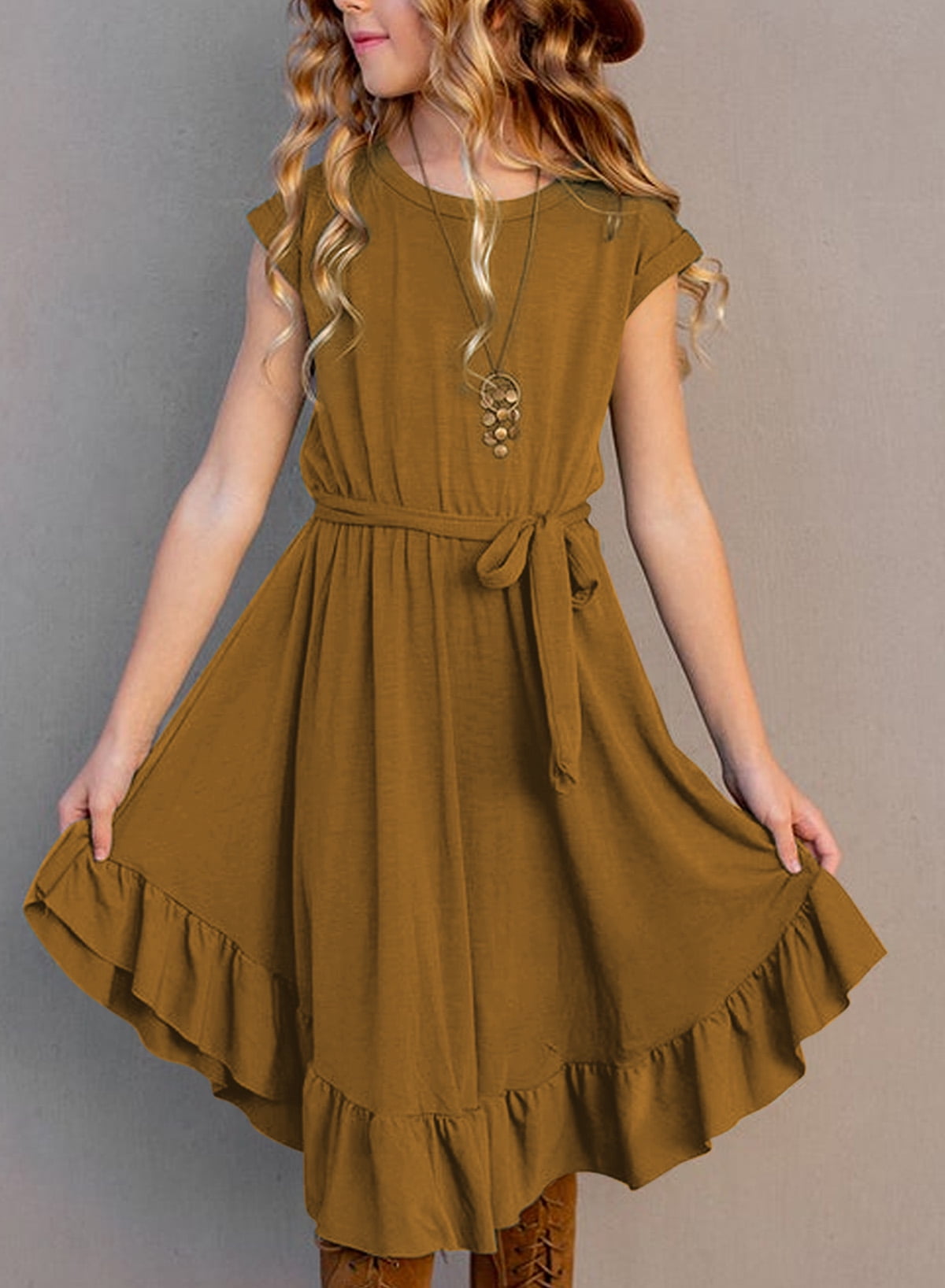 ONLYSHE Girl's Solid Comfy Dresses Short Sleeve Round Neck Casual ...