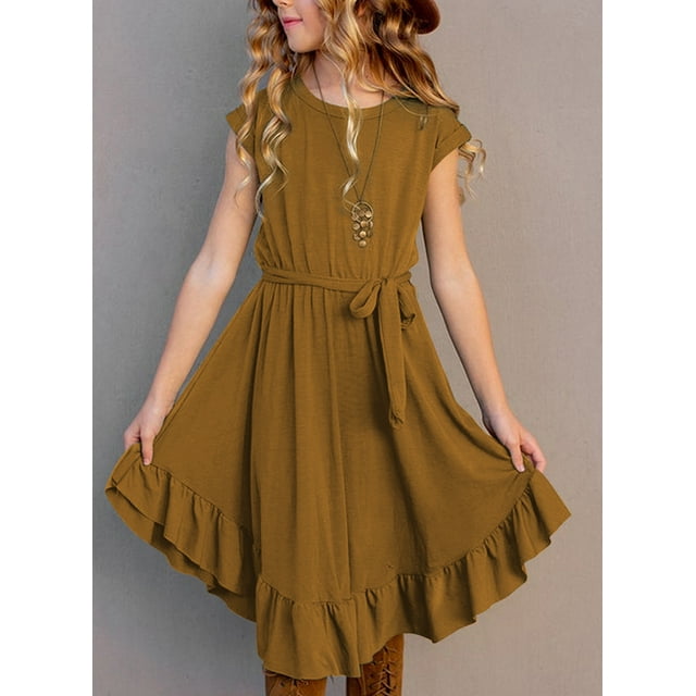ONLYSHE Girl's Solid Comfy Dresses Short Sleeve Round Neck Casual ...