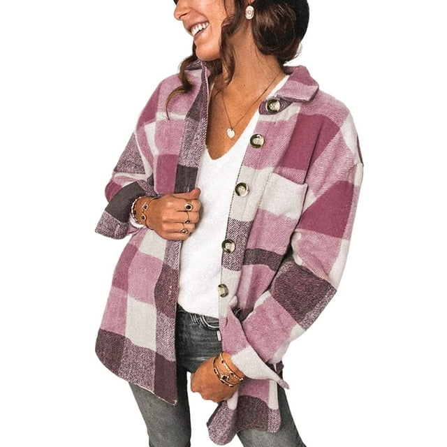 ONLYSHE Jacket for Women Corduroy Flannel Plaid Long Sleeve Button Down ...