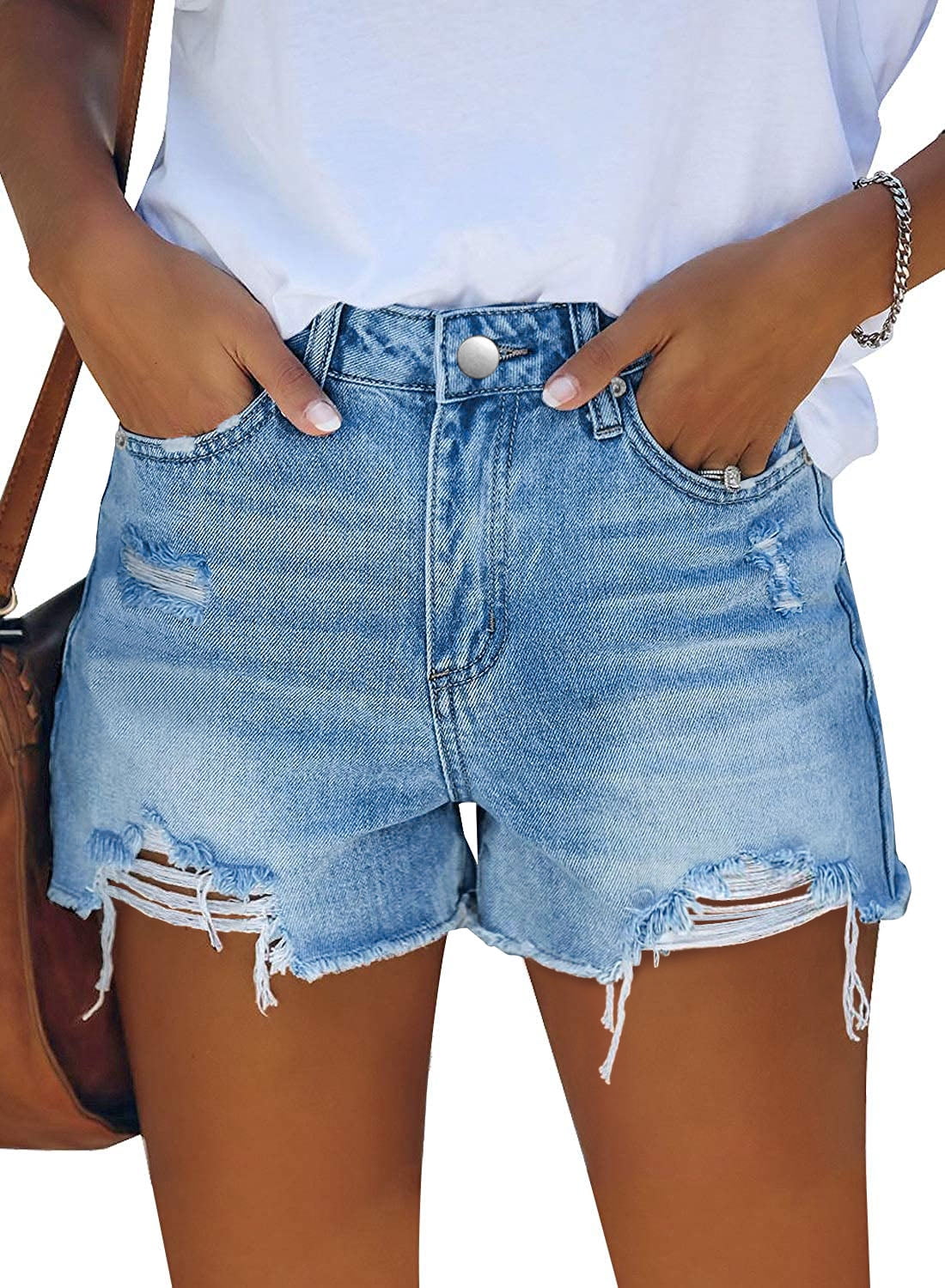 ONLYSHE Summer Women's Mid Rise Ripped Denim Shorts, Casual Stretchy ...