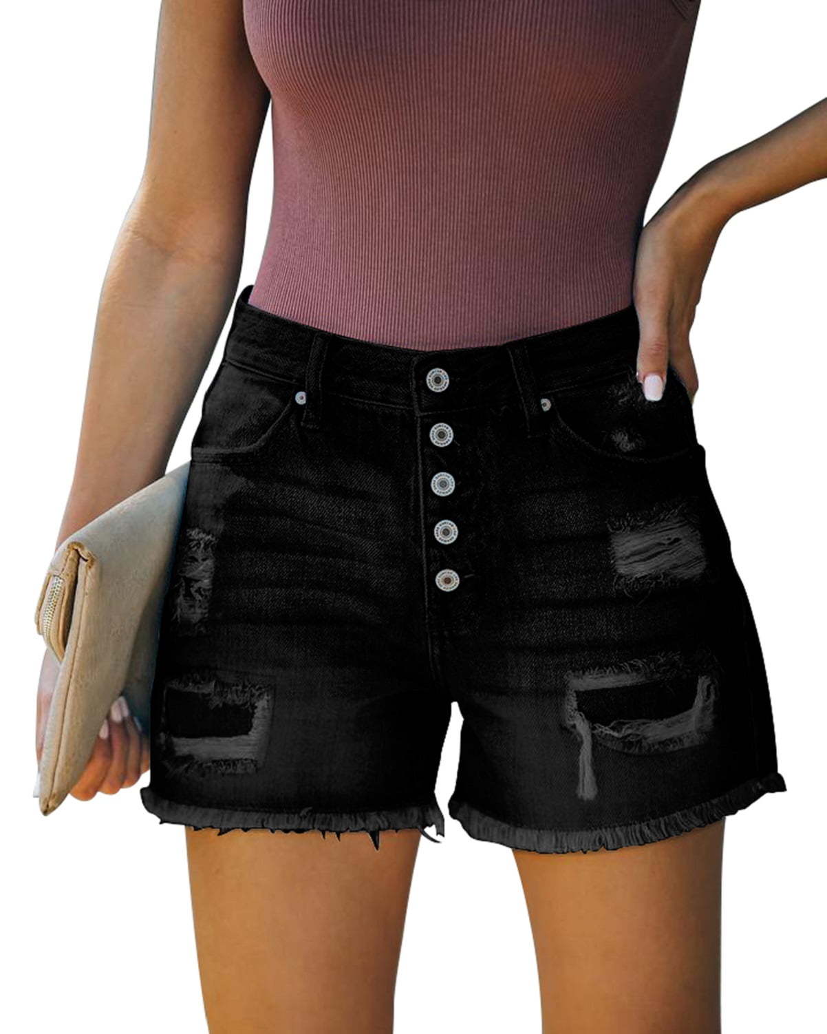 ONLYSHE Women Summer Ripped Juniors Shorts Button High Waisted Stretchy ...