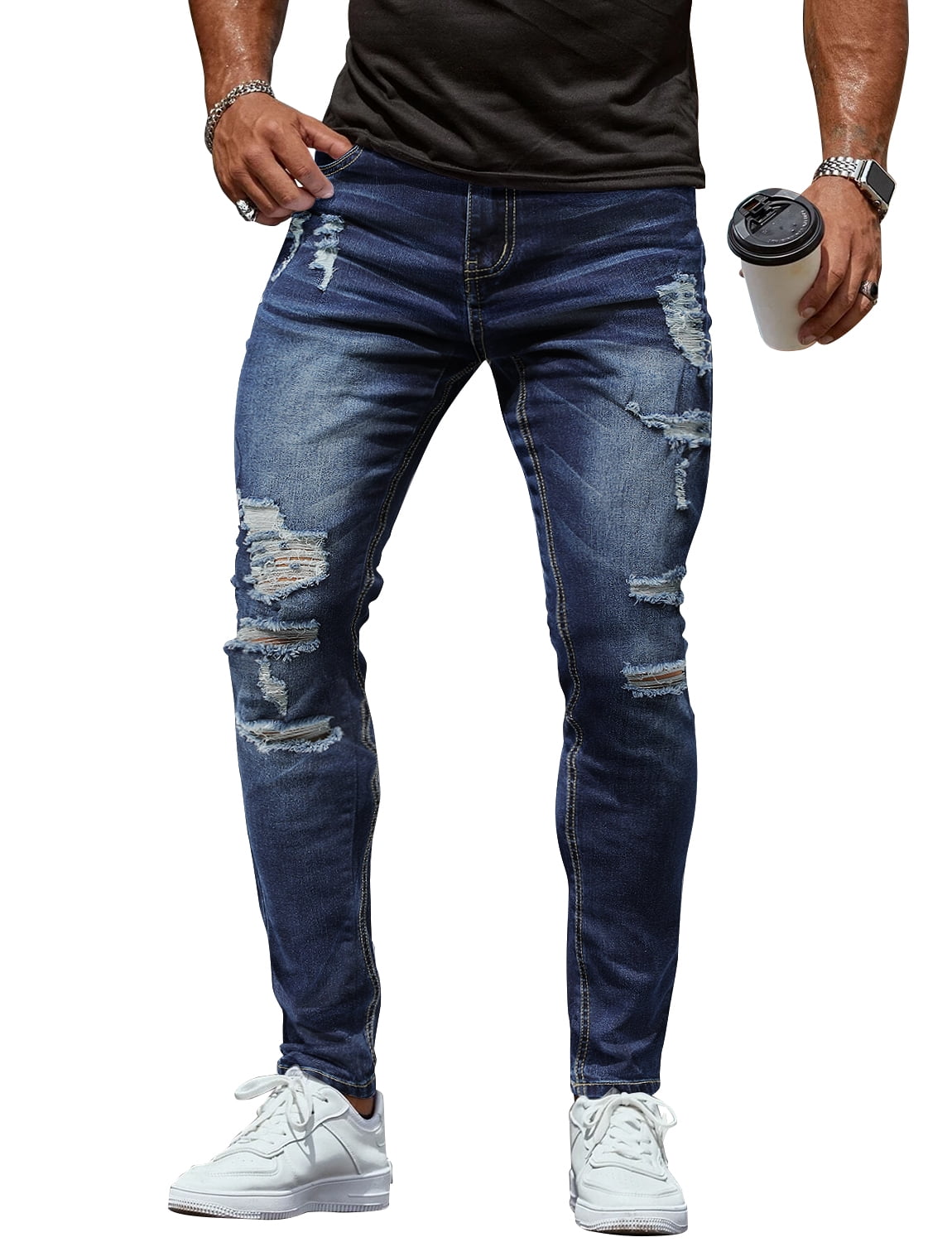 ONLYSHE Men's Moto Fitted Slim Waist Jeans, Stretch, Ripped, Tapered Leg, Skinny, Frayed, Casual ...