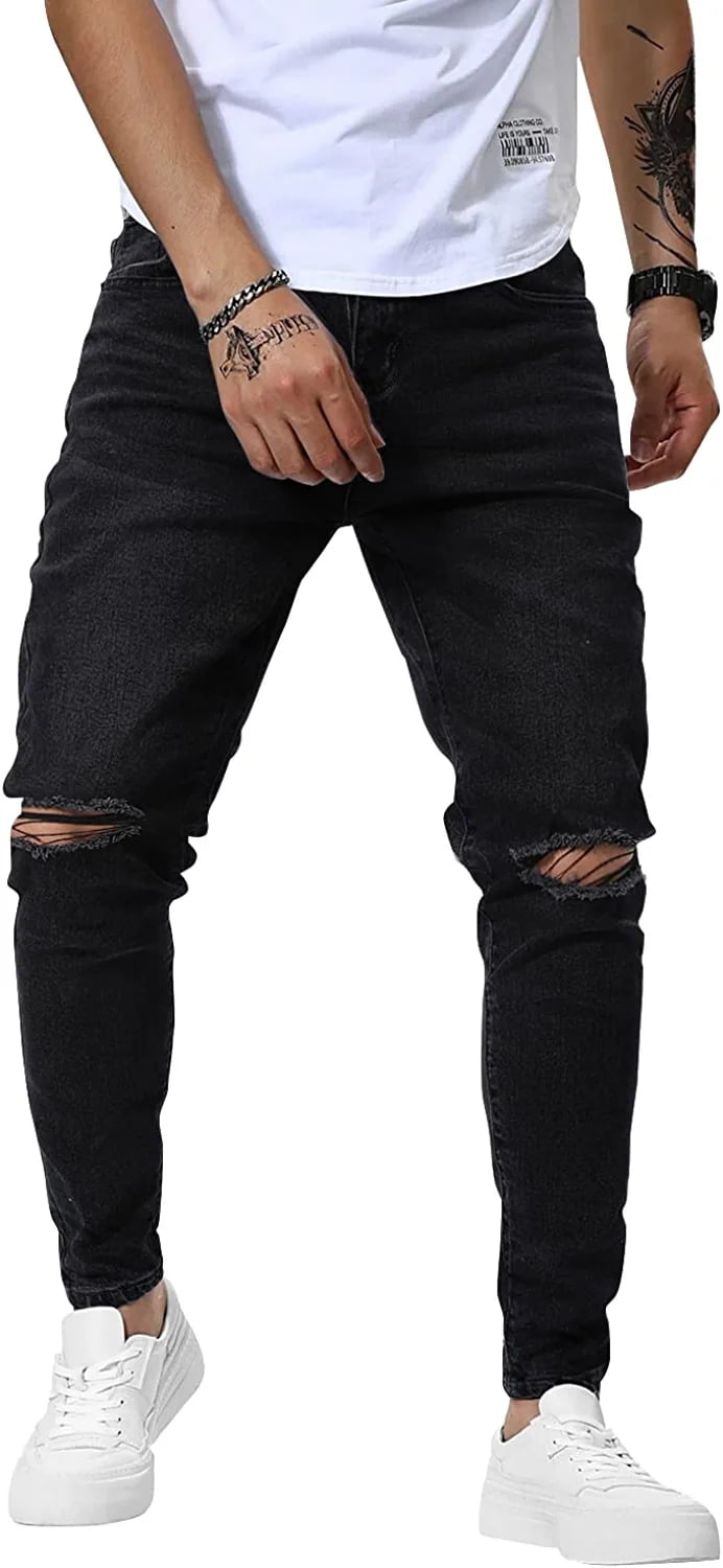 ONLYSHE Mens Casual Skinny Jeans Fashion Ripped Slim-Fit Denim Pants for Street Daily Side ...
