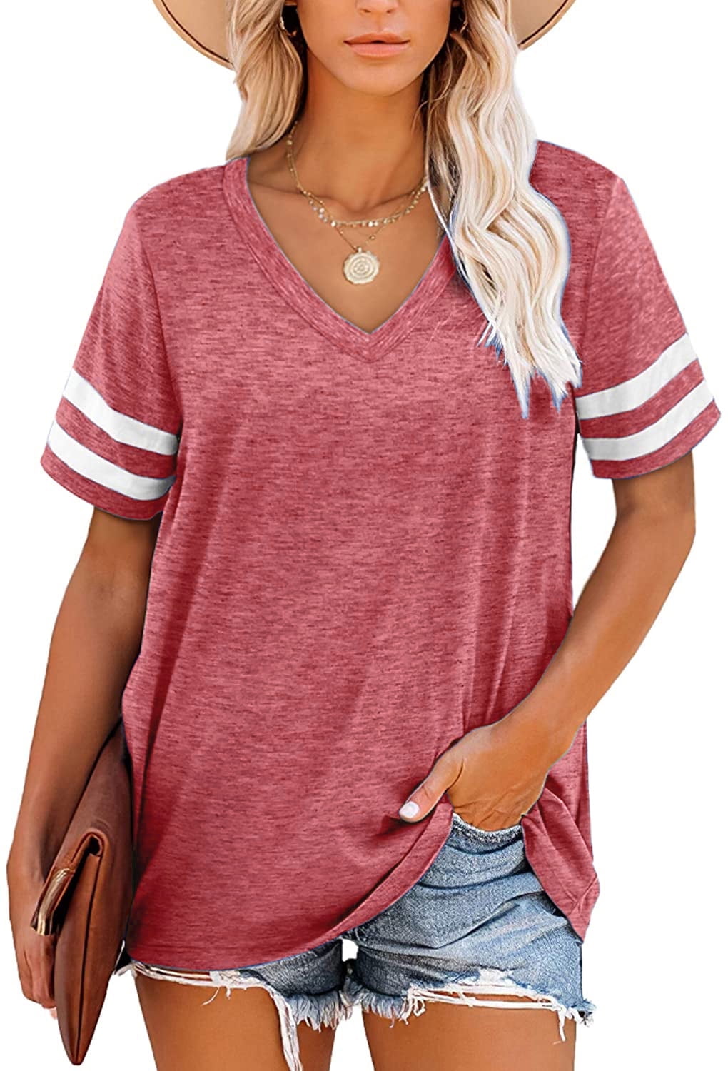 ONLYSHE Women's Cute Tee, Short Sleeve V Neck Striped Tunic Tops, Summer Casual Shirts - Walmart.com