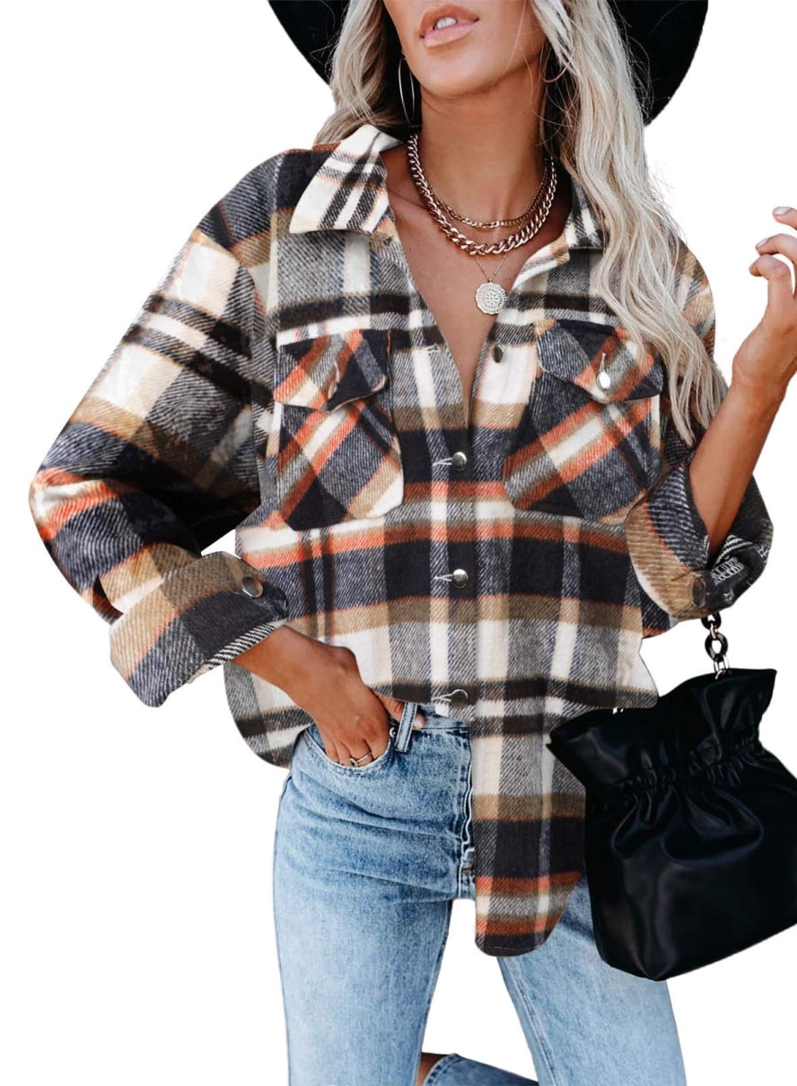 ONLYSHE Stylish Button Down Flannel Shirts For Women's Plaid Shacket ...