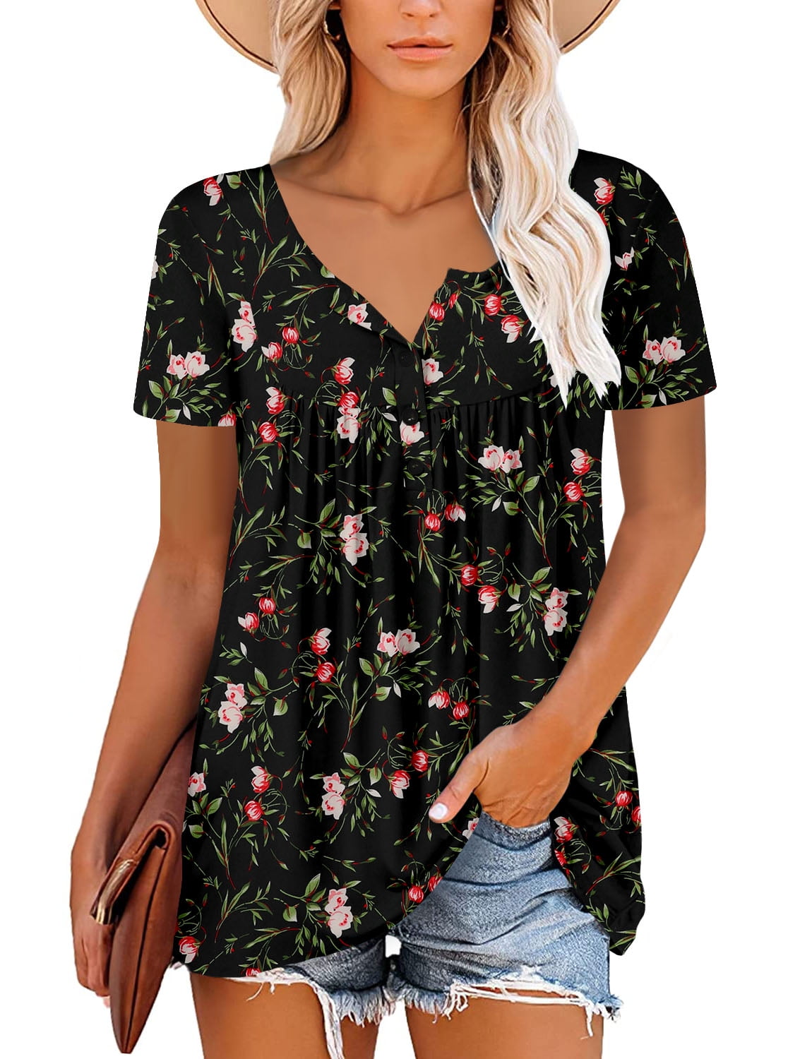 ONLYSHE Summer Short Sleeve Tops for Women Floral Printed Casual Tunic ...