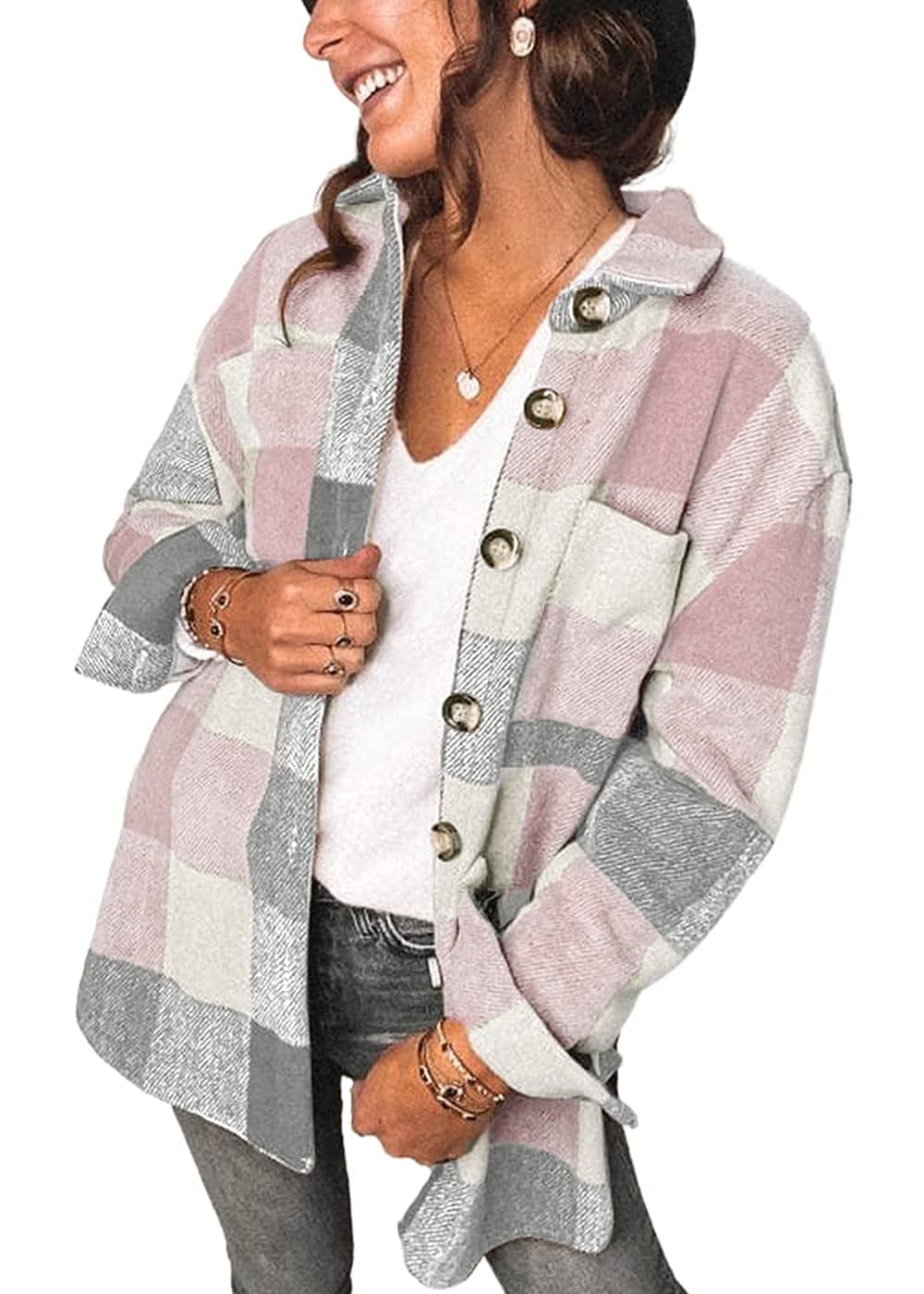 ONLYSHE Women's Plaid Flannel Button Down Oversized Shacket Jacket, Long Sleeve Boyfriend Style ...
