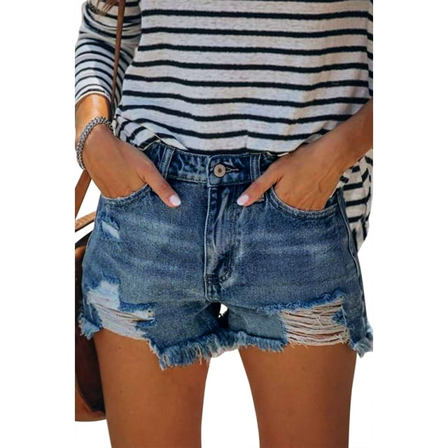 ONLYSHE Women's Denim Shorts Casual Mid Waist Ripped Jean Shorts Frayed ...