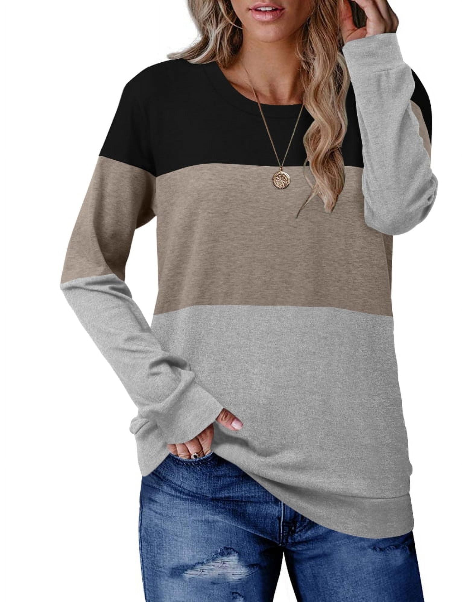 ONLYSHE Womens Loose Sweatshirt Blouse Long Sleeve Crewneck Neck Basic T Shirts Color Block ...