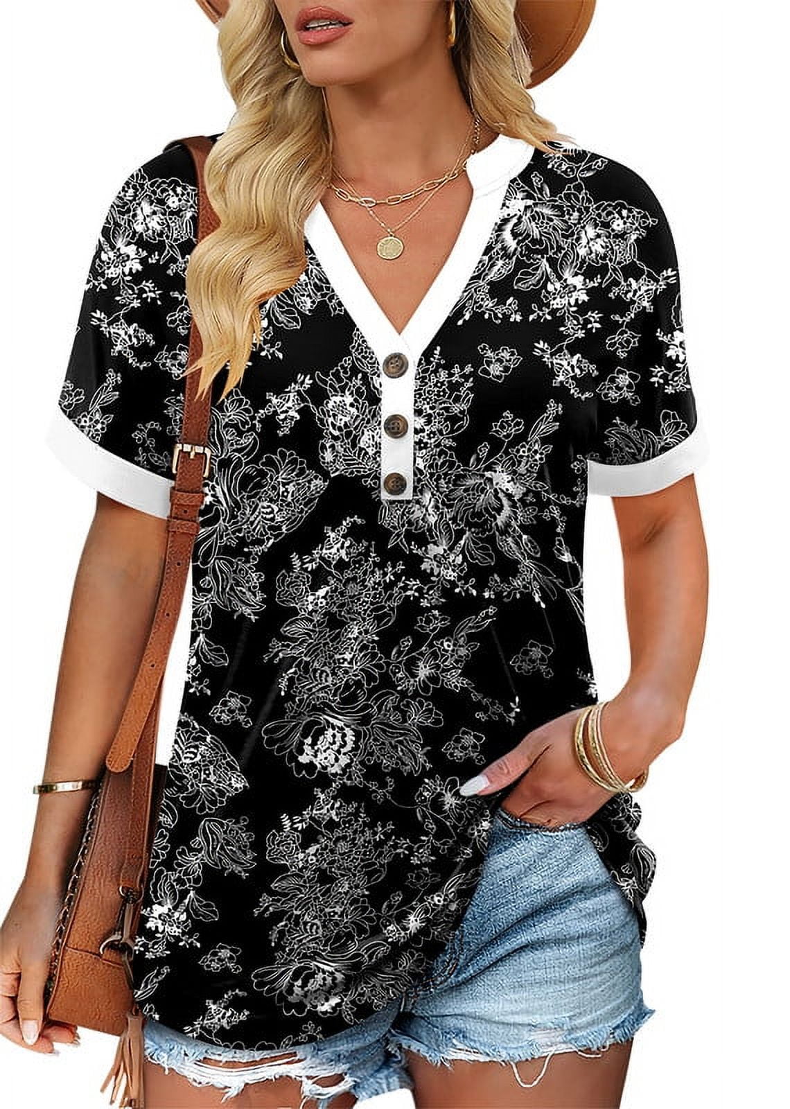 ONLYSHE Womens Summer Cute V-Neck Henley Tunic Tops Short Sleeve Casual ...