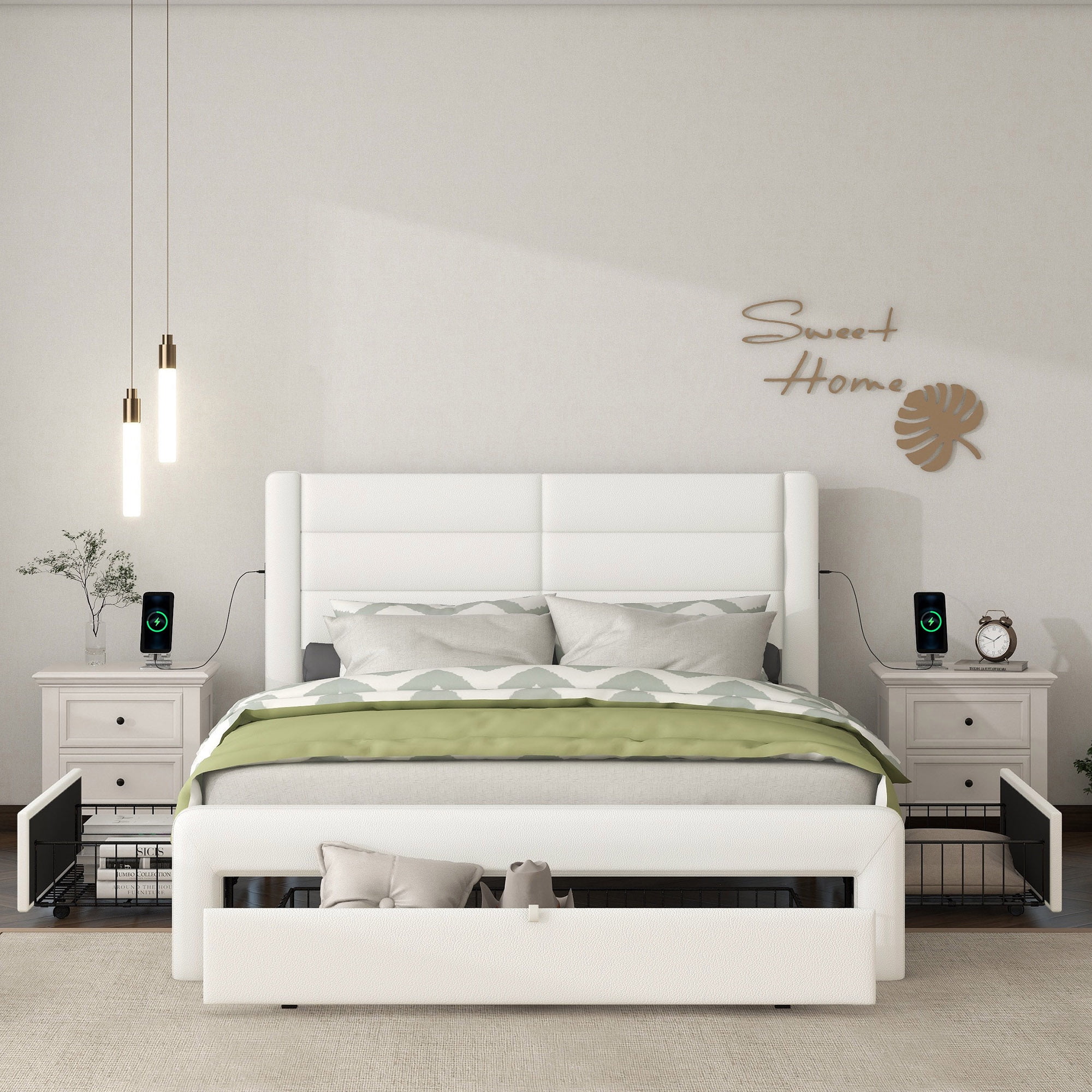 ONME Queen Size Bed Frame with Drawers Storage, Leather Upholstered ...