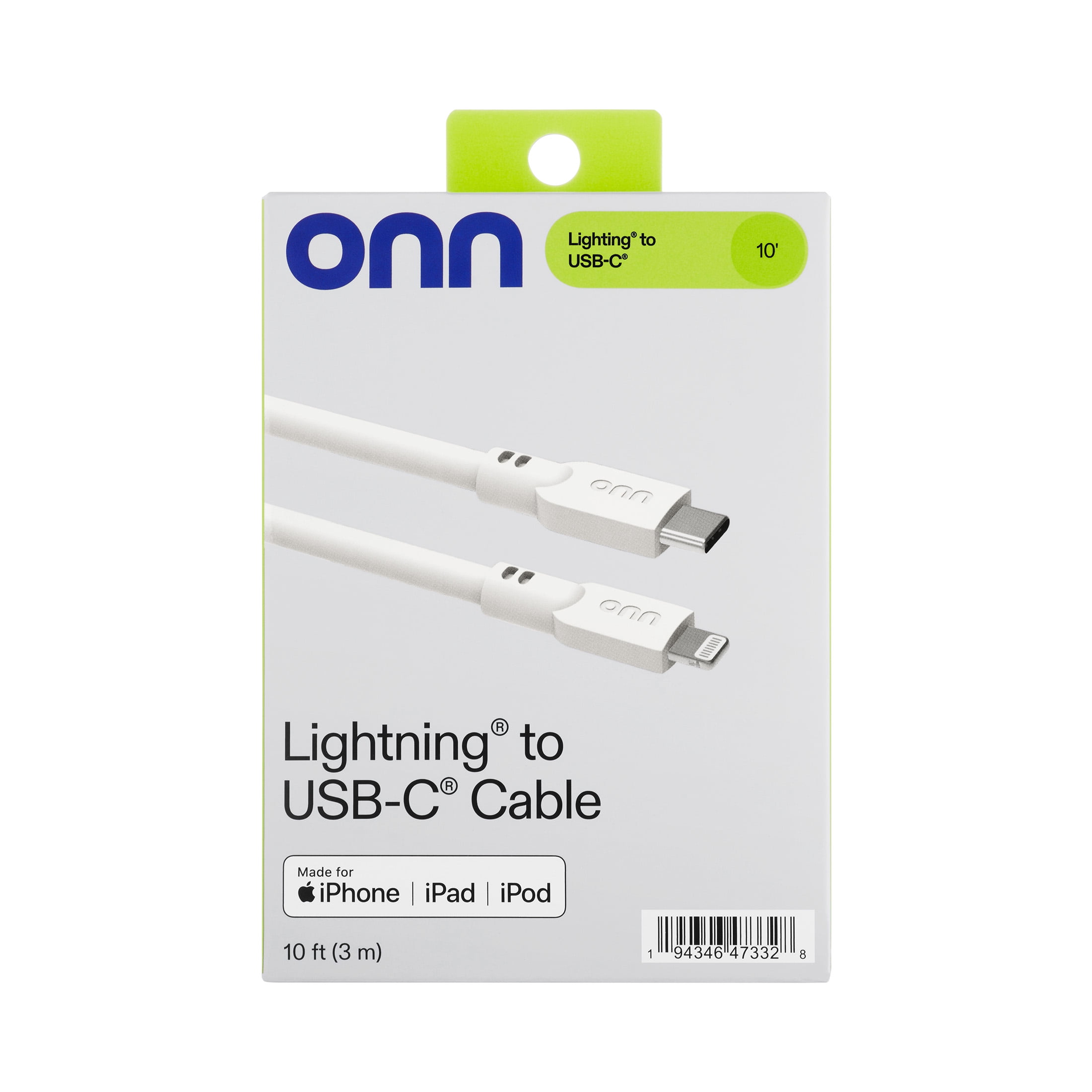 onn 10ft Lightning to USB-C Charging Cable, MFI Certified, Fast ...