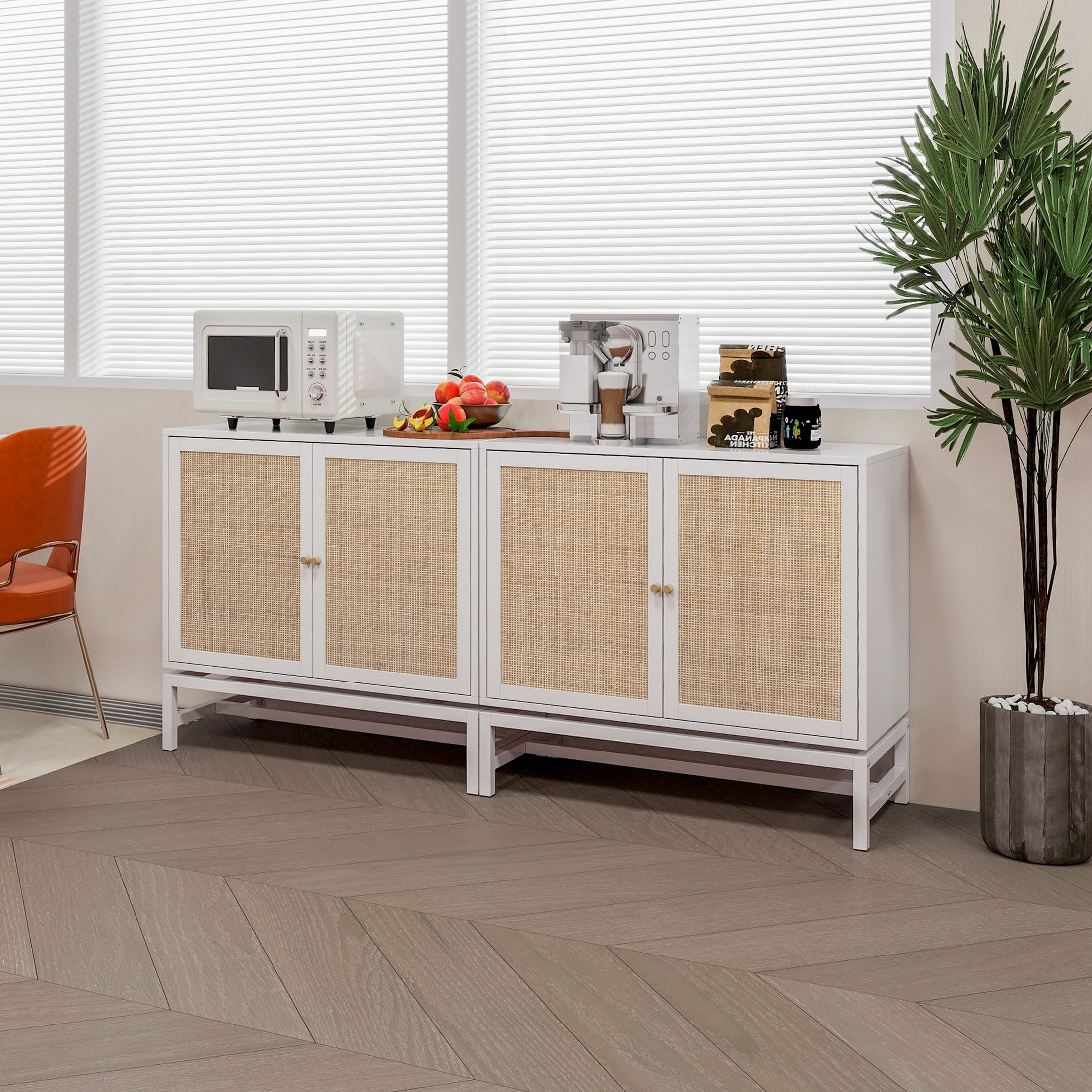 ONSMO White Storage Cabinet, Natural rattan 2 door cabinet, with 1 ...