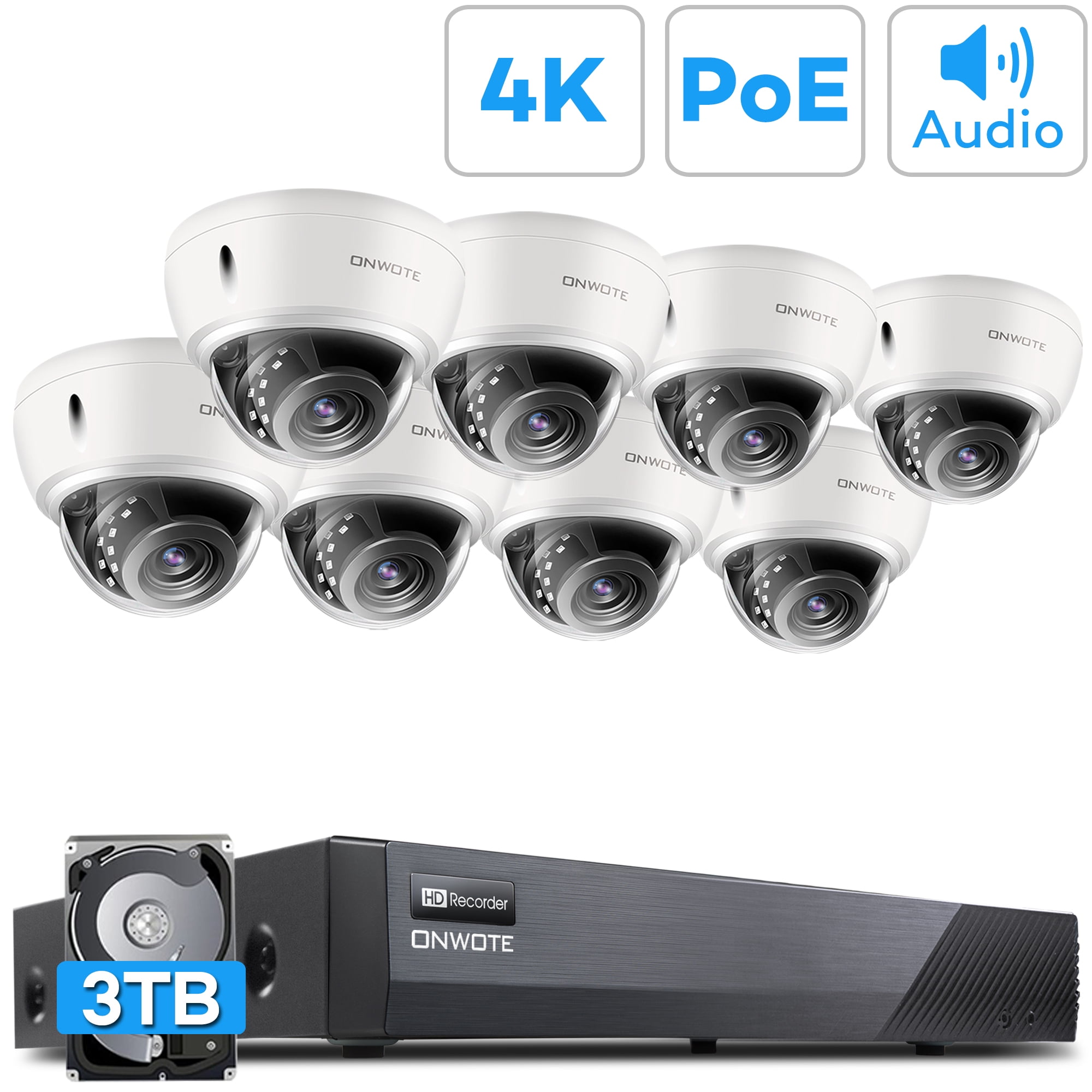 ONWOTE 16 Channel 4K IP PoE Security Camera System, 8CH 4K 8MP POE NVR with 3TB HDD for 24/7 ...