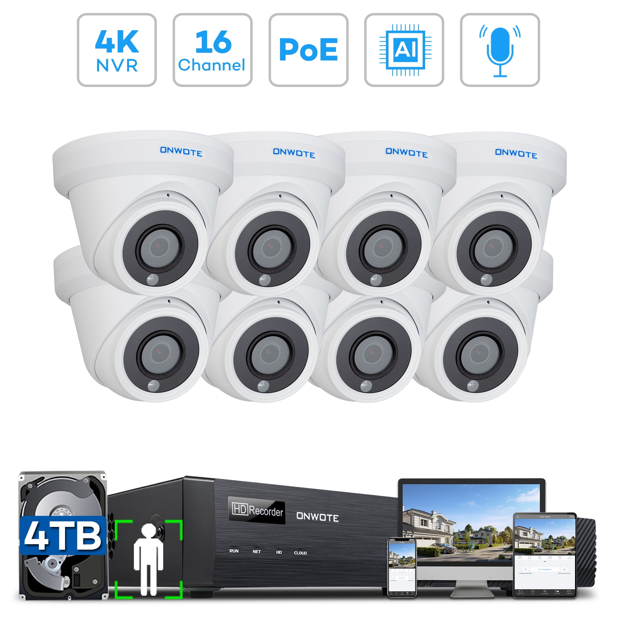 ONWOTE 16CH 4K PoE Security Camera System, AI-Human-Detection, 24/7 4TB ...