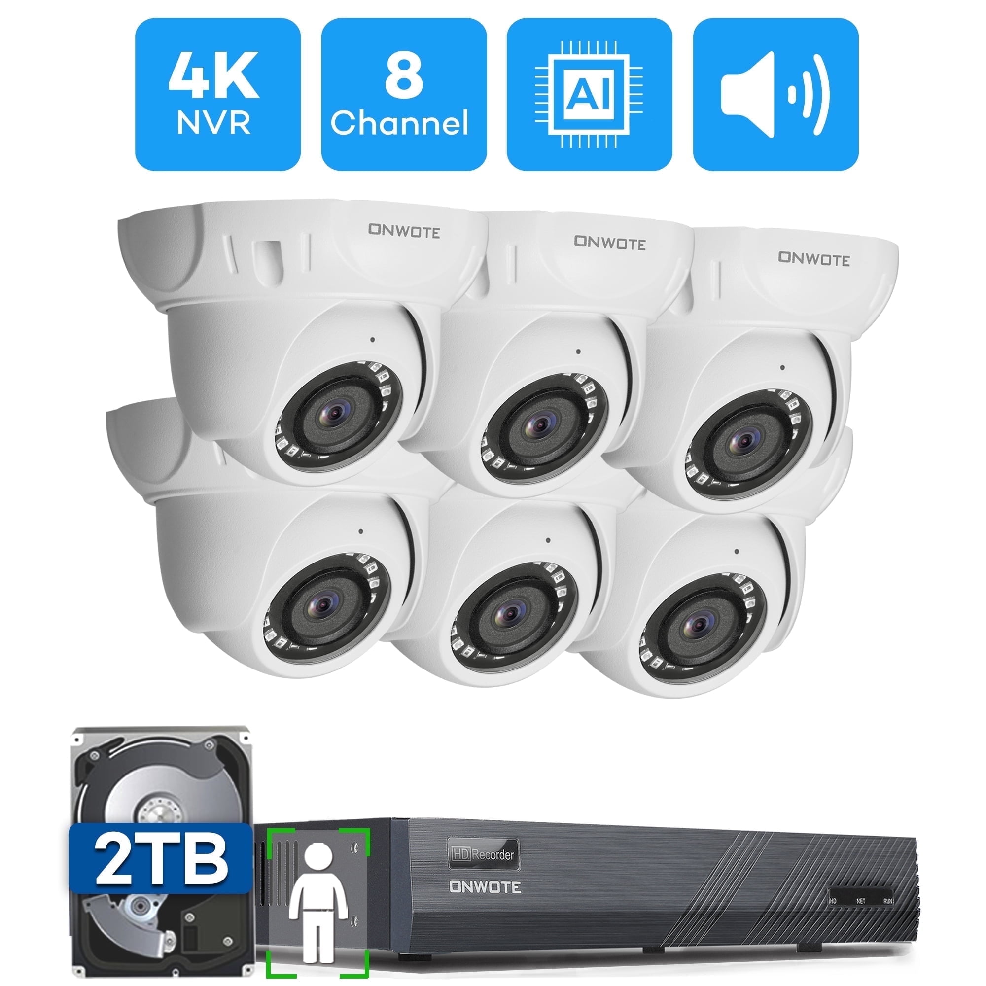 ONWOTE 4K Security System, AI Detection, 8CH POE NVR, 2TB HDD, 6 ...