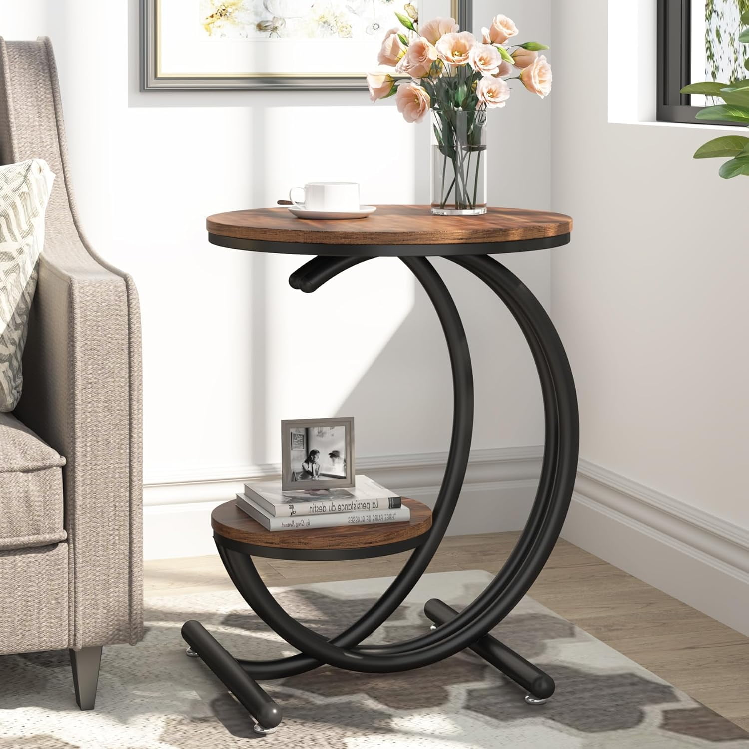 ONZA 2-Tier Side Table, Industrial Round End Table with Storage Shelf ...