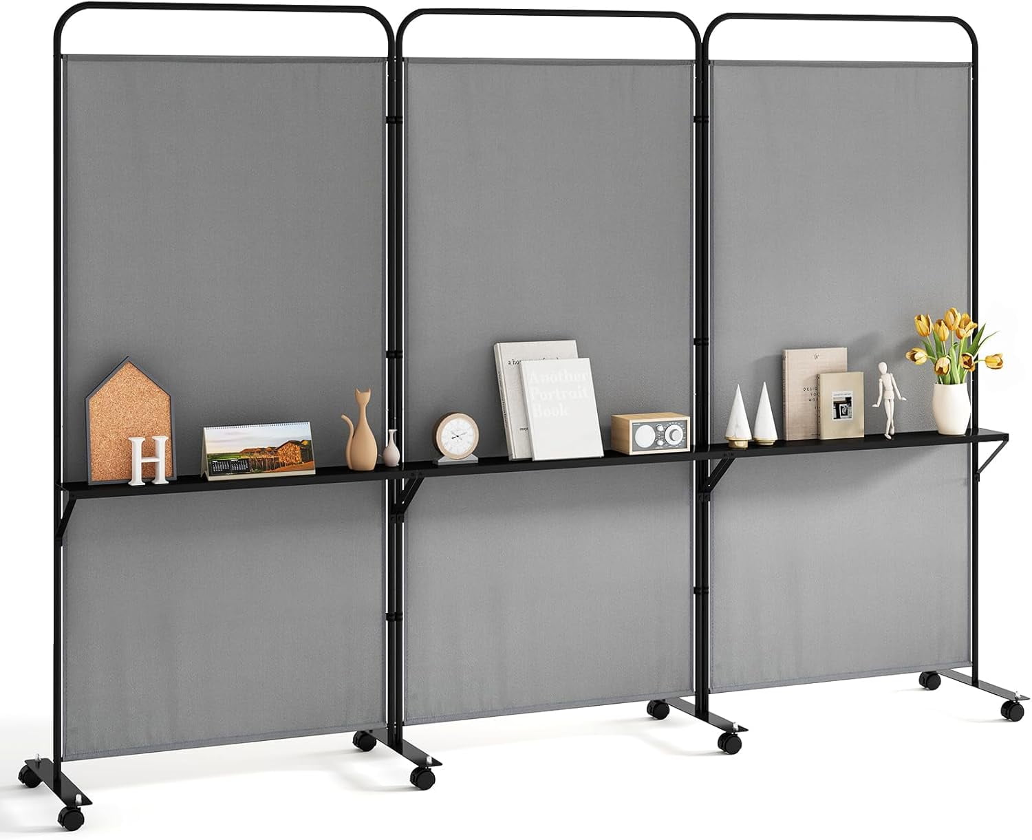 ONZA 3 Panel Room Divider with Wheels and Shelves, 103" W x 74" H ...