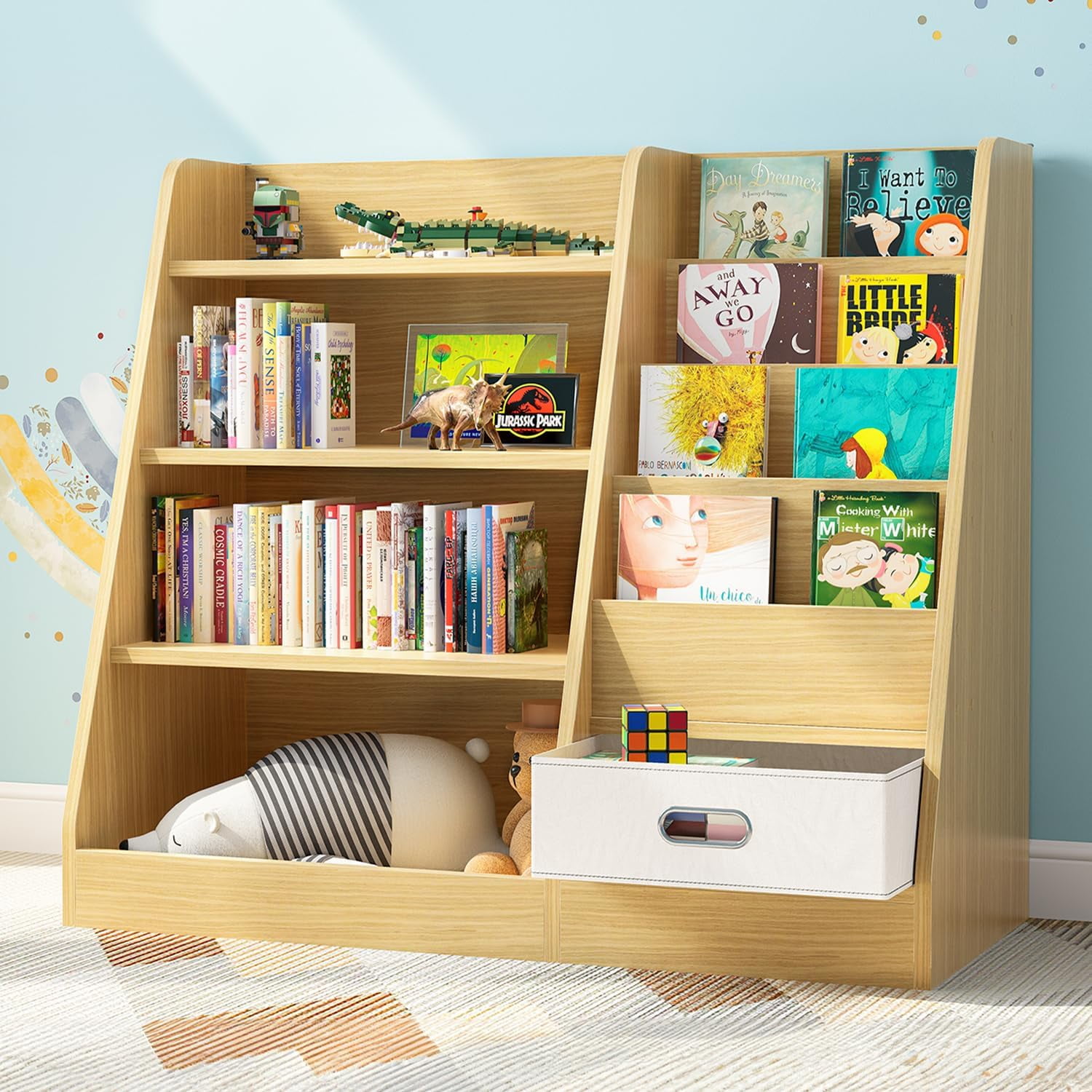 ONZA 4 Tier Kids Wooden Bookshelf with Drawer, Five Layer Sling ...