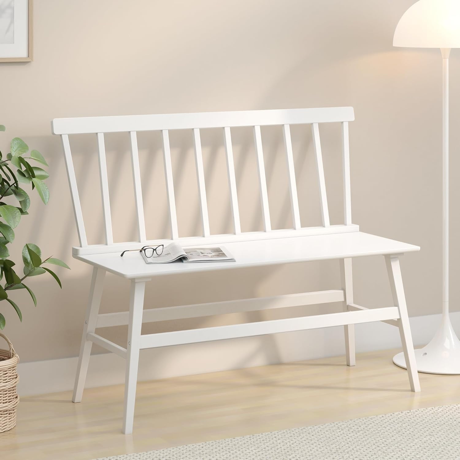 ONZA Bamboo Dining Bench, Wooden White Entryway Bench with Spindle Back ...