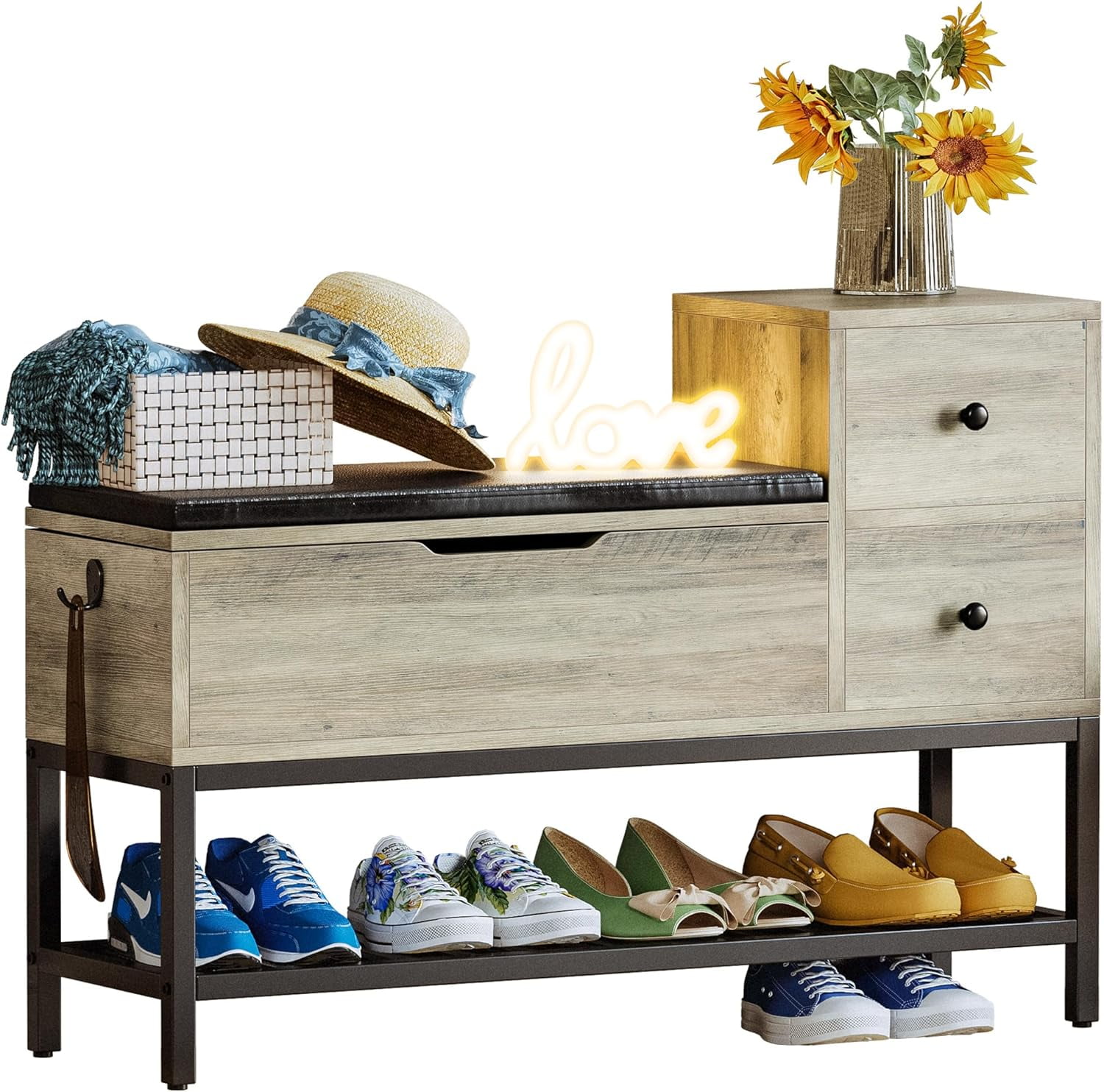 ONZA Entryway Bench, Shoe Storage Bench with Flip Top Box and 2 Drawers ...