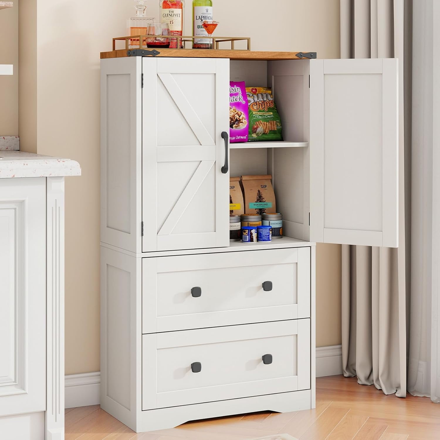 ONZA Farmhouse Bathroom Storage Cabinet with 2 Big Drawers and Barn Doors, Kitchen Pantry ...