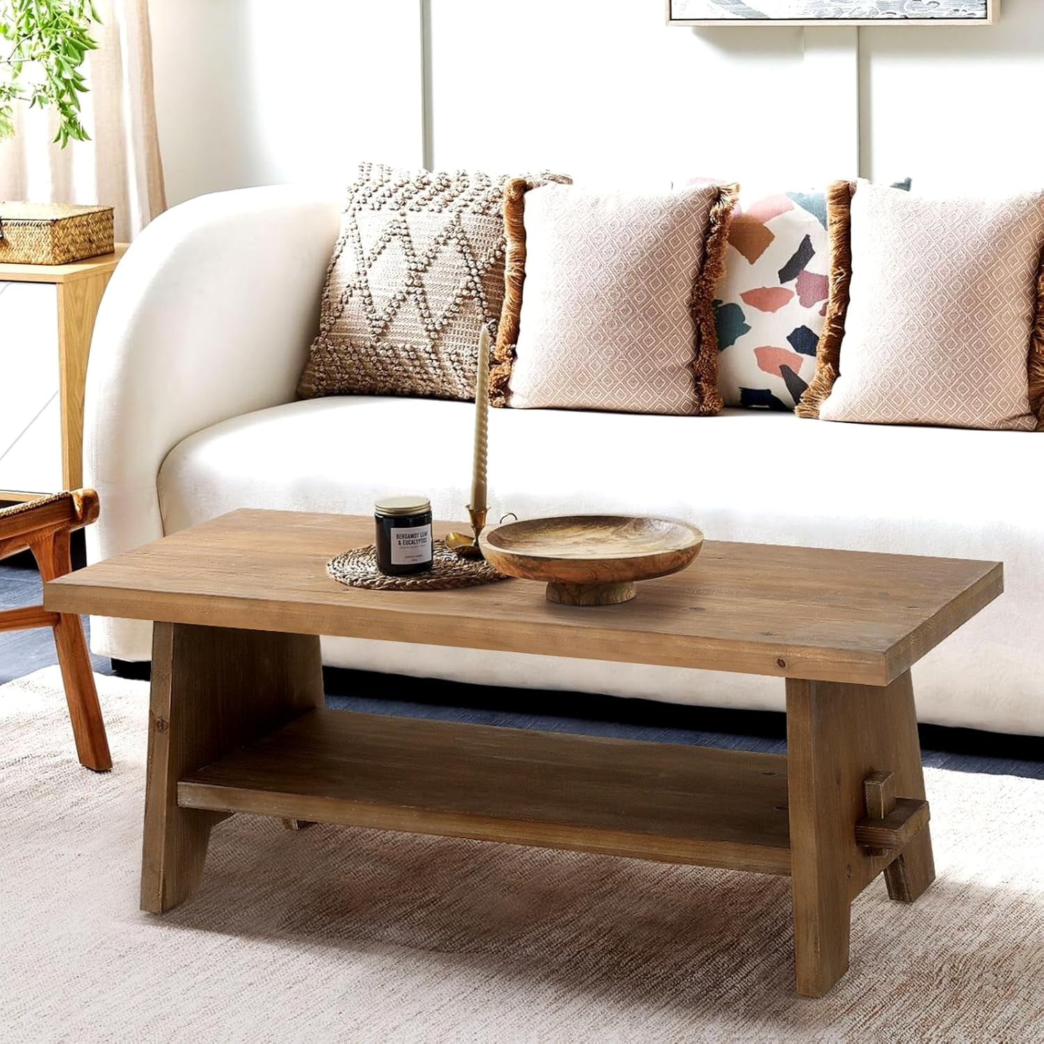 ONZA Farmhouse Wood Coffee Table - 43.4” Mid Century Modern Wooden ...