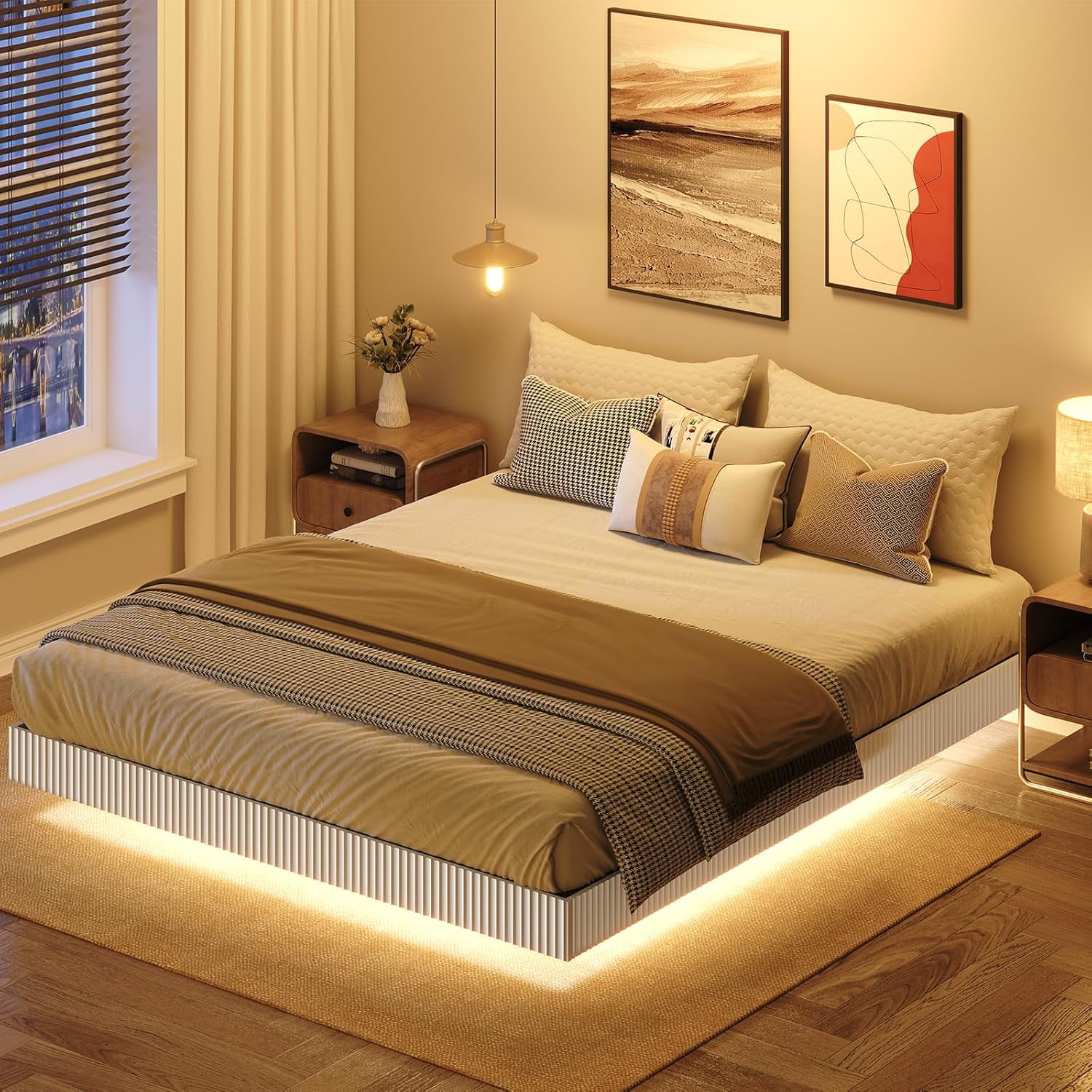 ONZA Floating Bed Frame Queen Size, LED Bed Frame with Fluted Wavy ...
