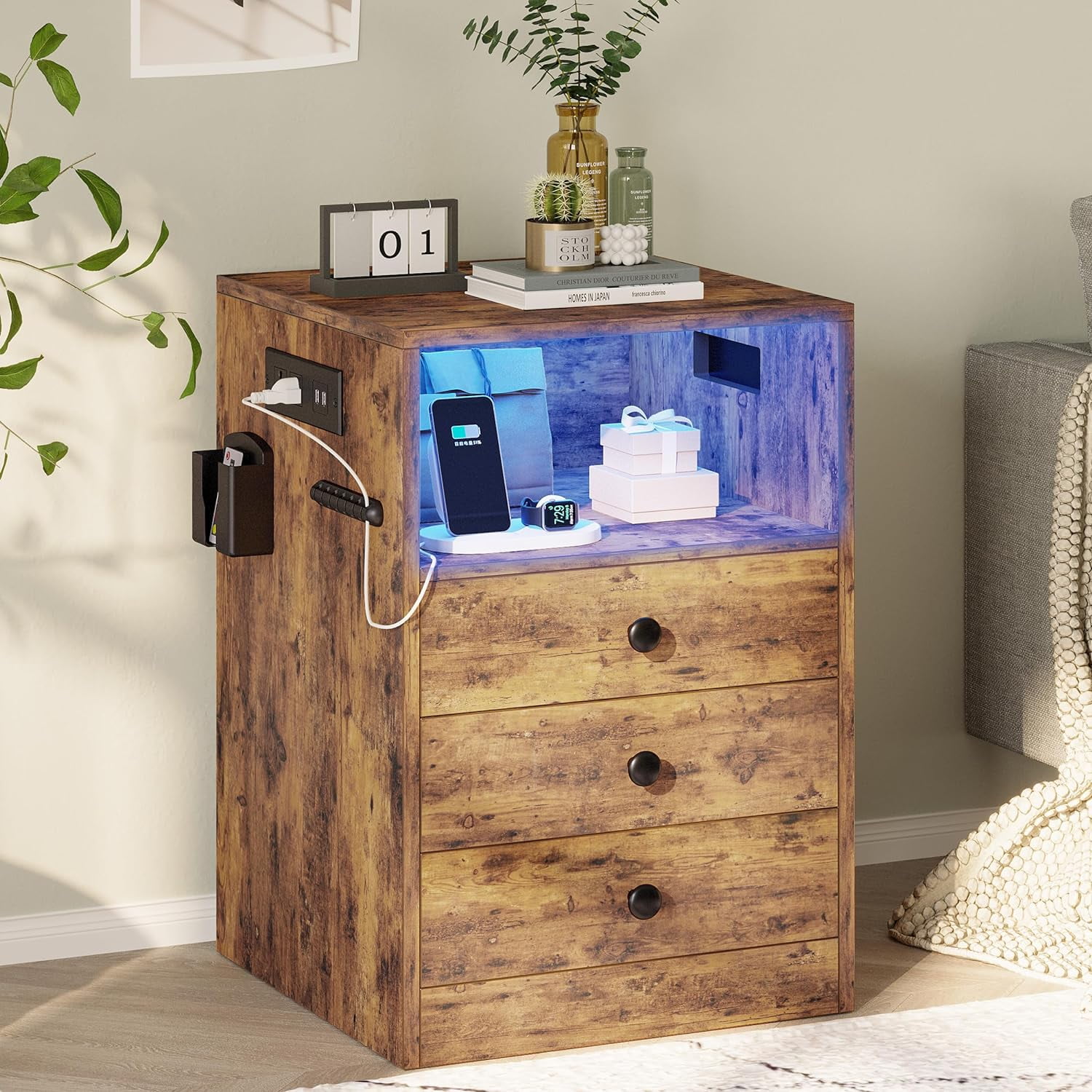 ONZA Nightstand with Charging Station and 3 Drawers, Lights End Side ...