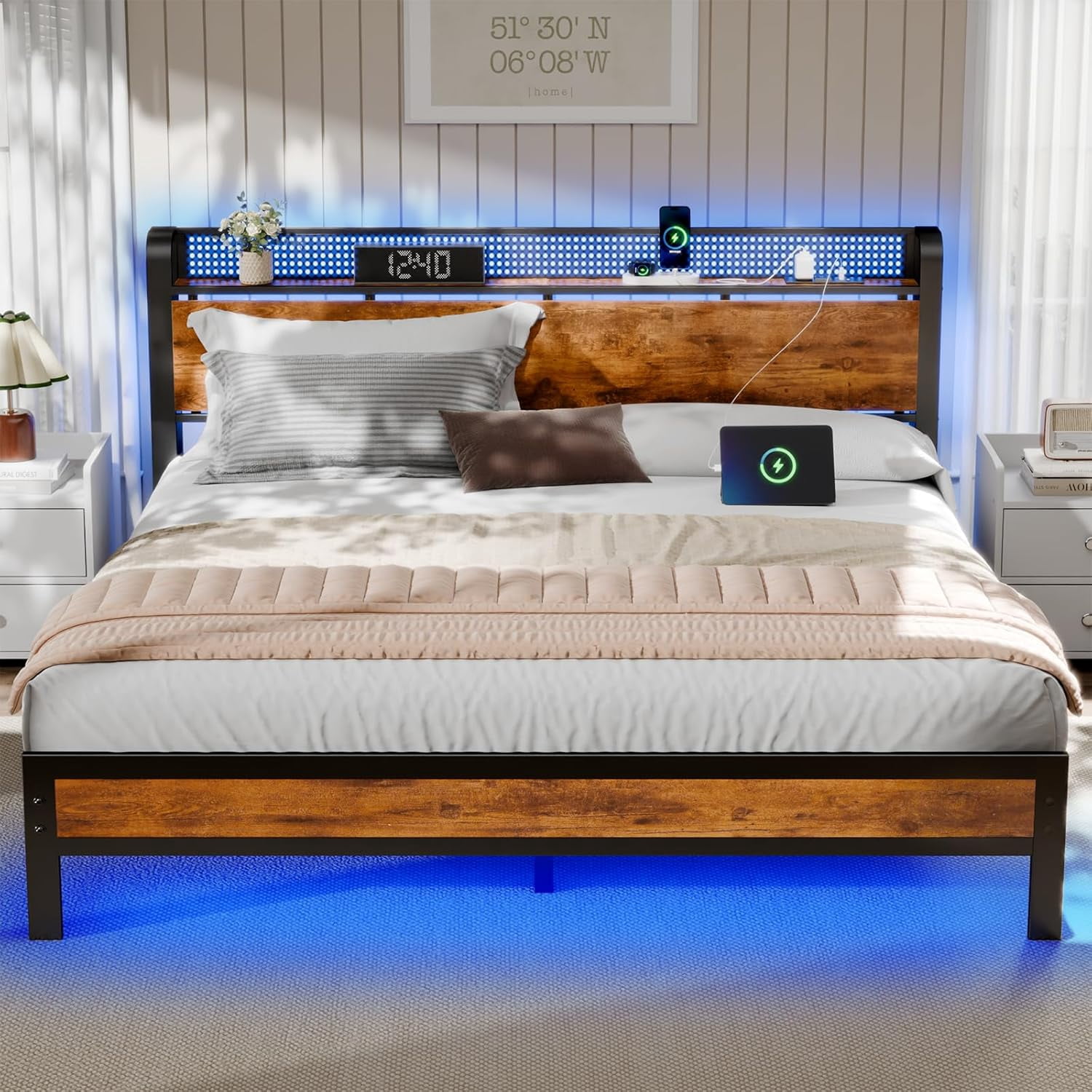 ONZA Queen Bed Frame with Charging Station and LED Lights,Industrial ...