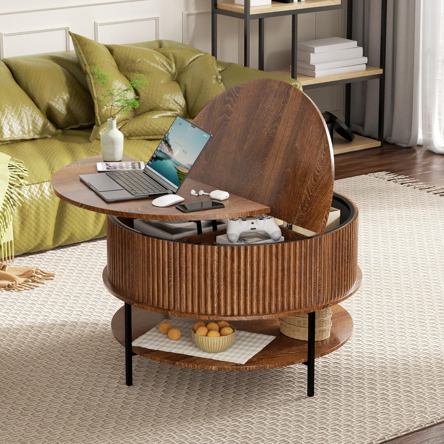 ONZA Round Coffee Table with Storage and Lift Top, Wood Circle Fluted ...