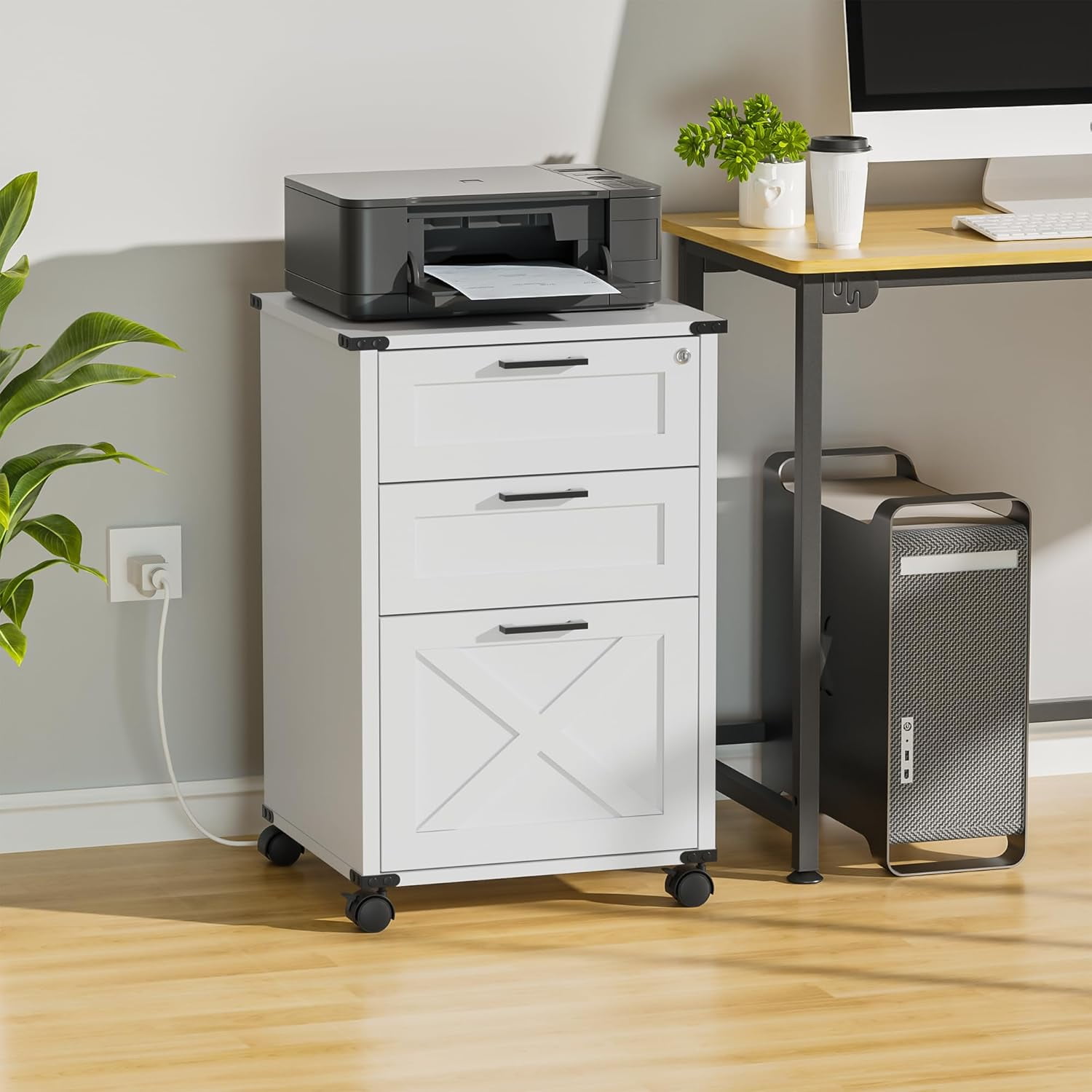 ONZA Small Wood File Cabinet with Lock, Nightstand with Charging ...