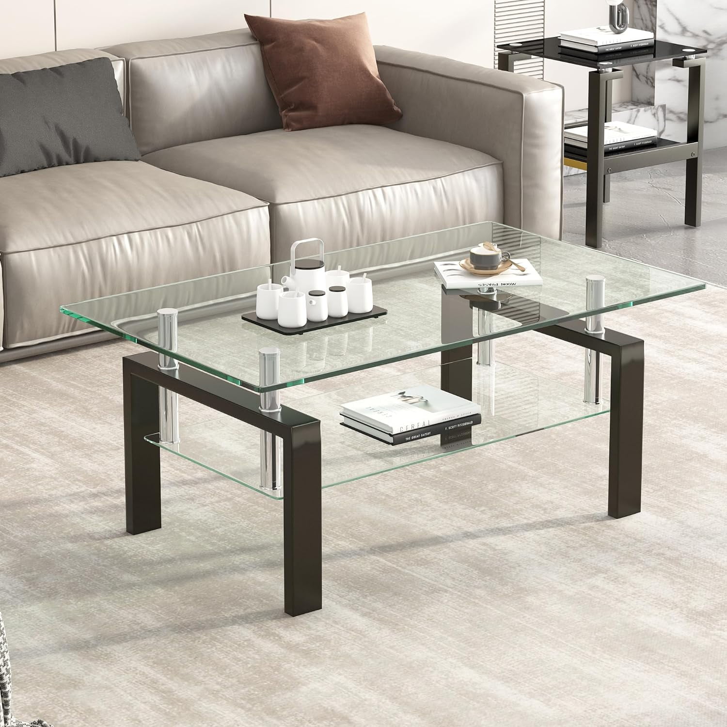 ONZA Tempered Glass Coffee Table with Metal Legs Modern Small Coffee ...