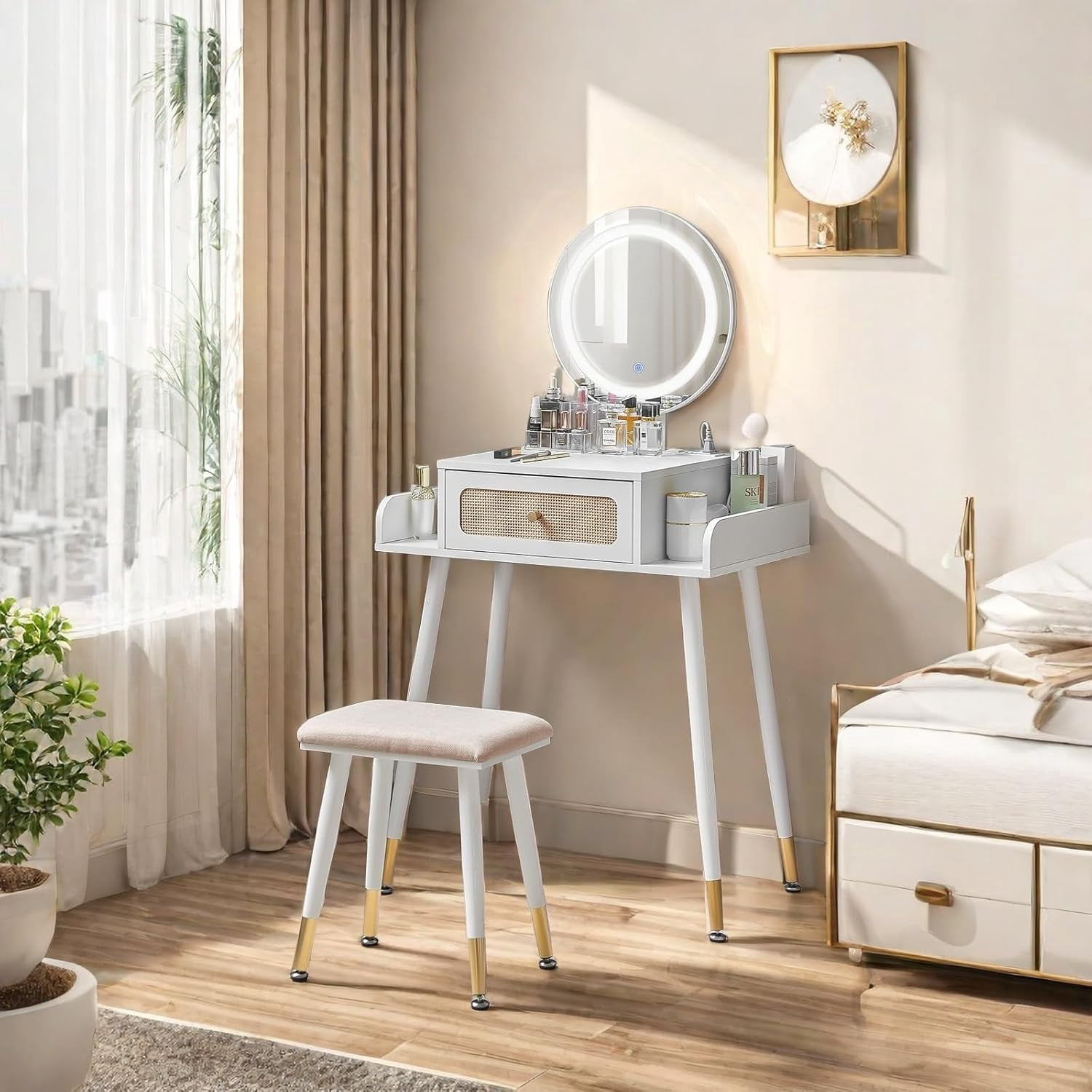 ONZA Vanity Desk, Rattan Makeup Vanity with Mirror and Lights, 3 Color ...