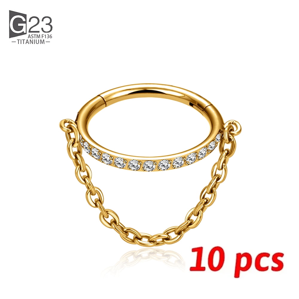 OOCA F136 Titanium Nose Ring CZ Hinged Clicker Segment with Chain ...