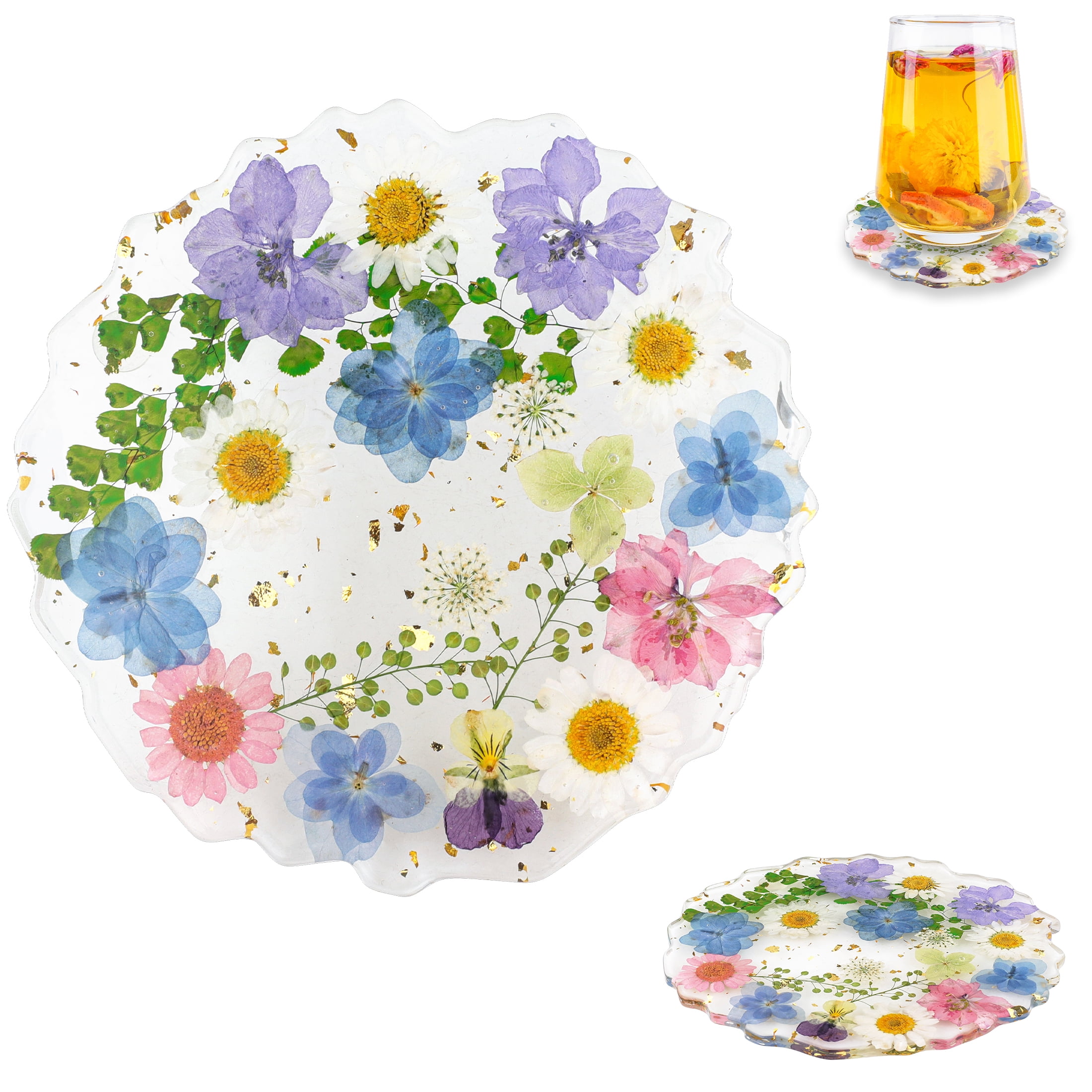OOK Dried Flower Drink Coasters, Floral Resin Drink Cup Mat Non-Slip ...