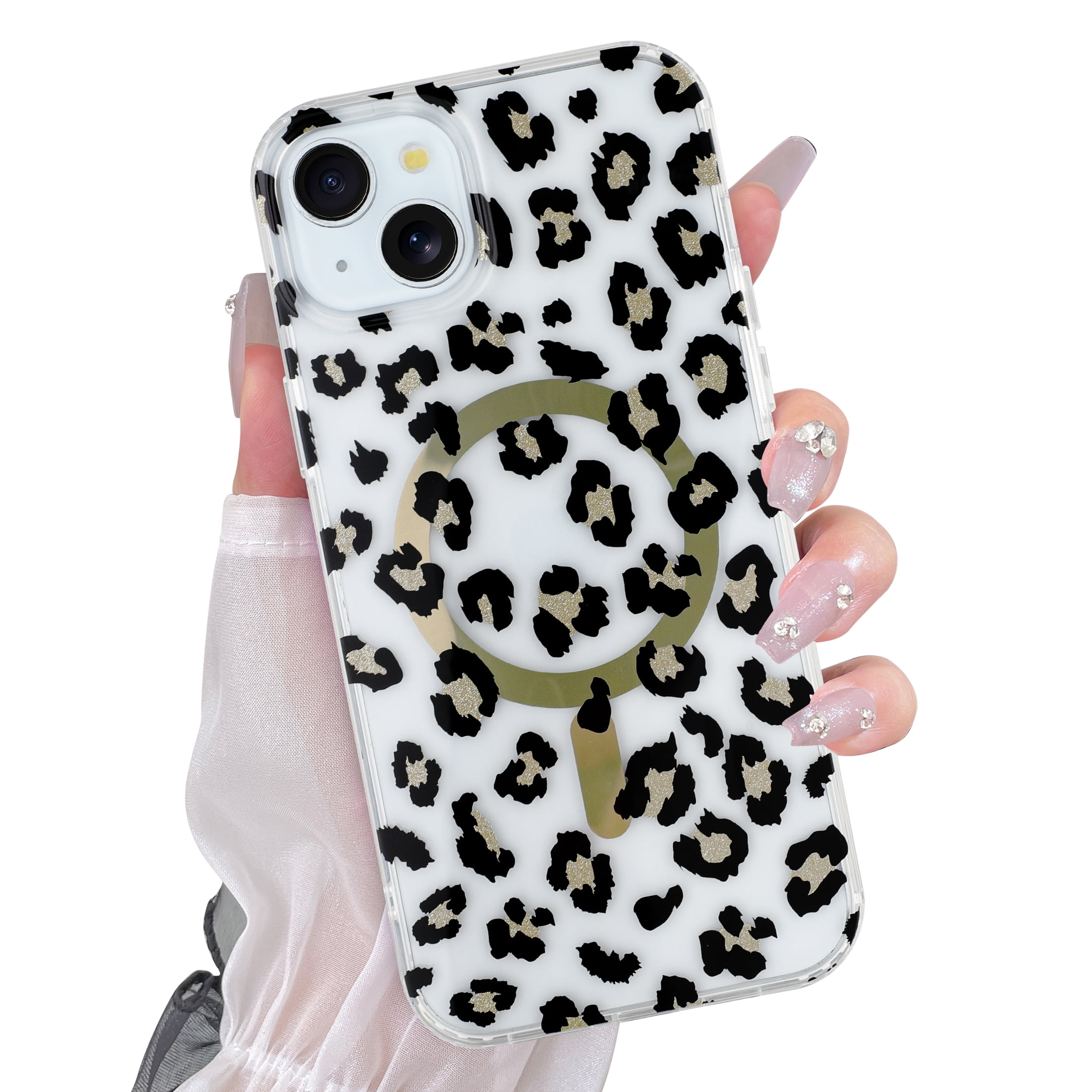 OOK Magnetic Case For iPhone 15 Plus, Compatible with Magsafe Sparkly Glitter Clear Cute Leopard ...
