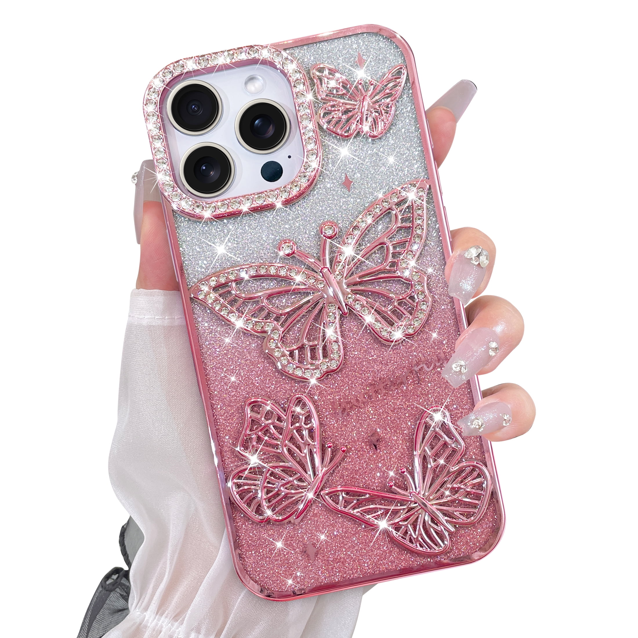 OOK for iPhone 16 Pro Max Case, Cute 3D Diamond Butterfly Pattern Luxury Slim Plating Bling ...