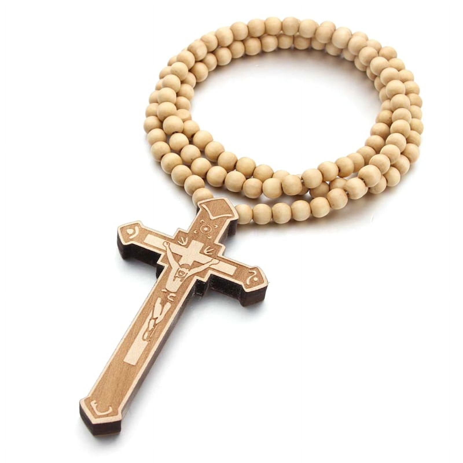 OOKWE Catholic Cross Necklace with Wooden Beads Rosary Religious Wear ...
