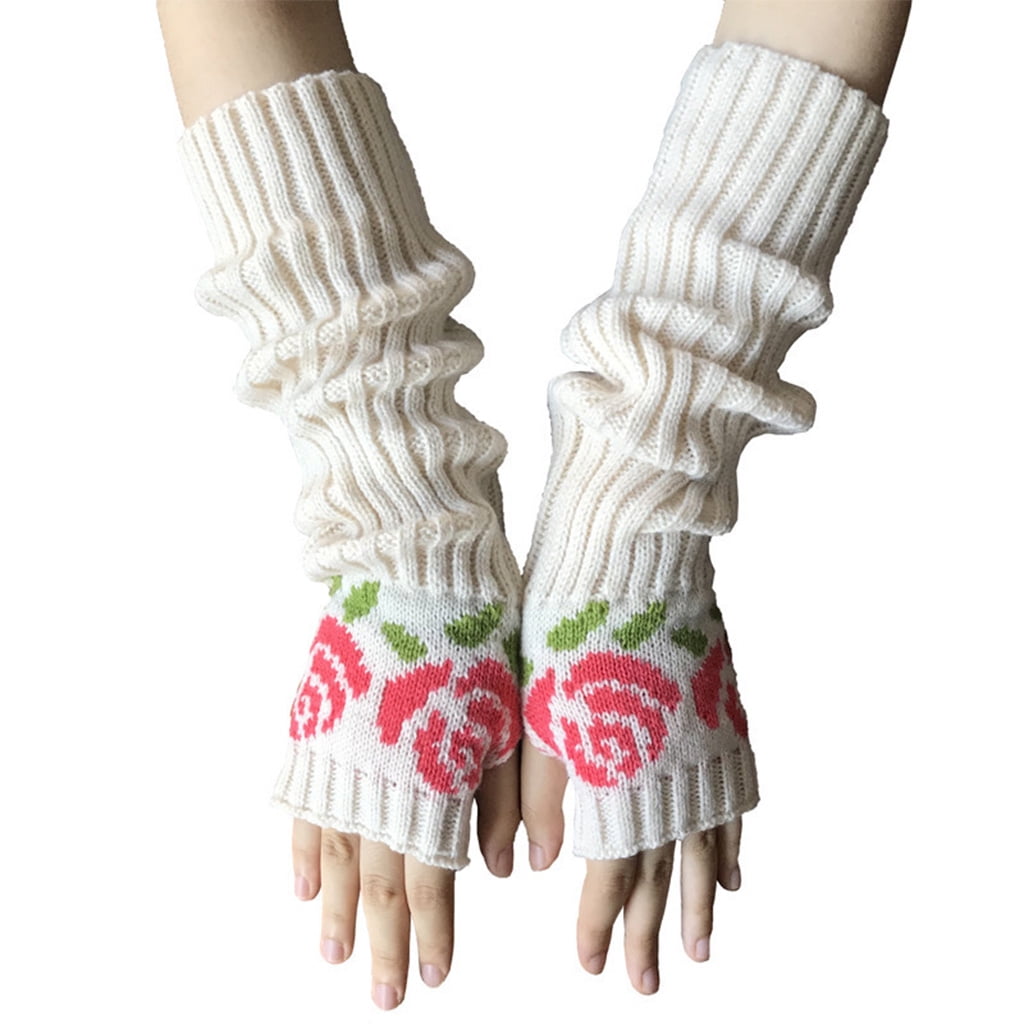 OOKWE Knitted Arm Warmer Thumb Hole Stretchy Gloves Women Long Half ...