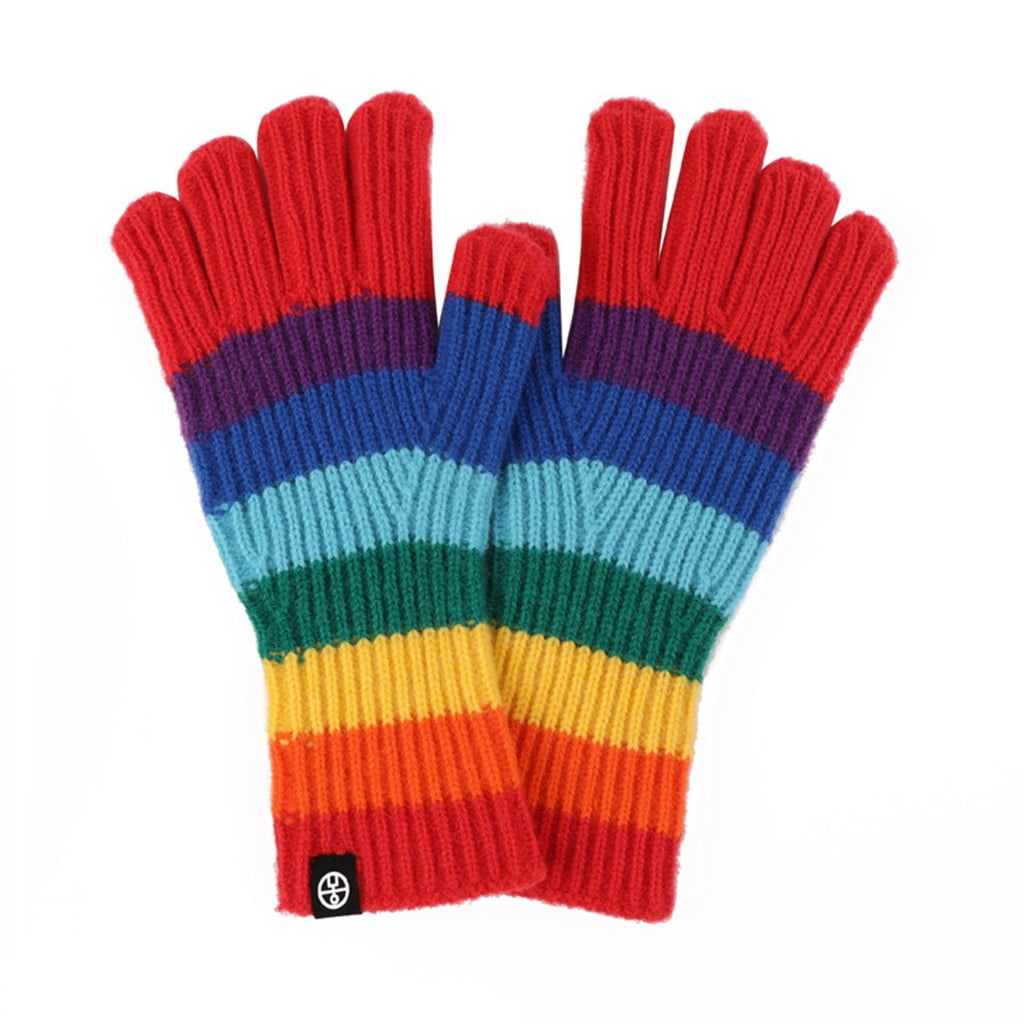 OOKWE Thickened Rainbow Gloves Full Finger Cartoon Stripe Mittens ...