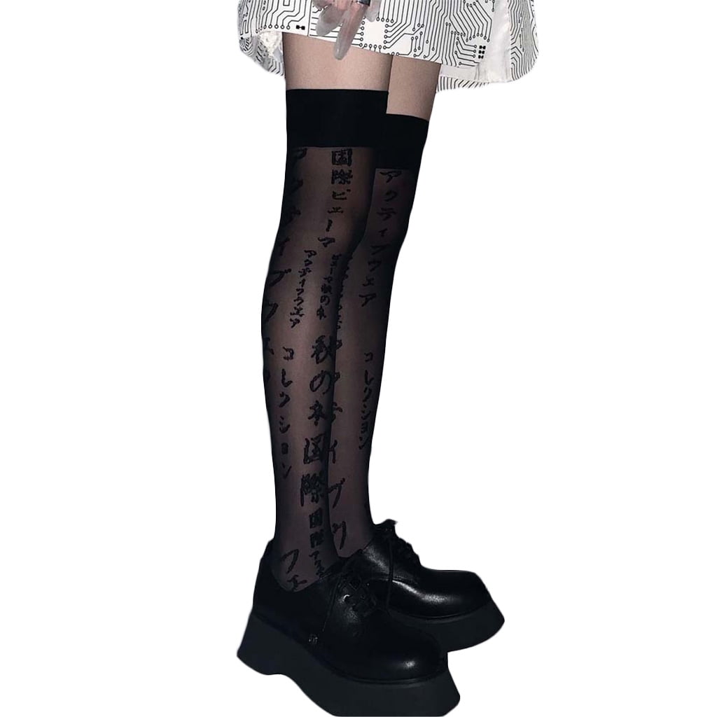 OOKWE Women Dark Gothic Punk Black Silky Thigh High Stockings Harajuku ...