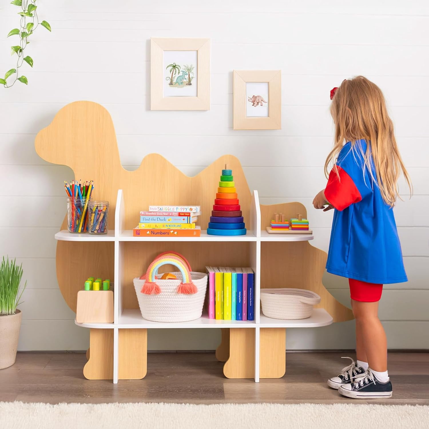 OOOK Children Dinosaur Bookshelf, 2-Tier Toddler Bookshelf, Dino Kids ...