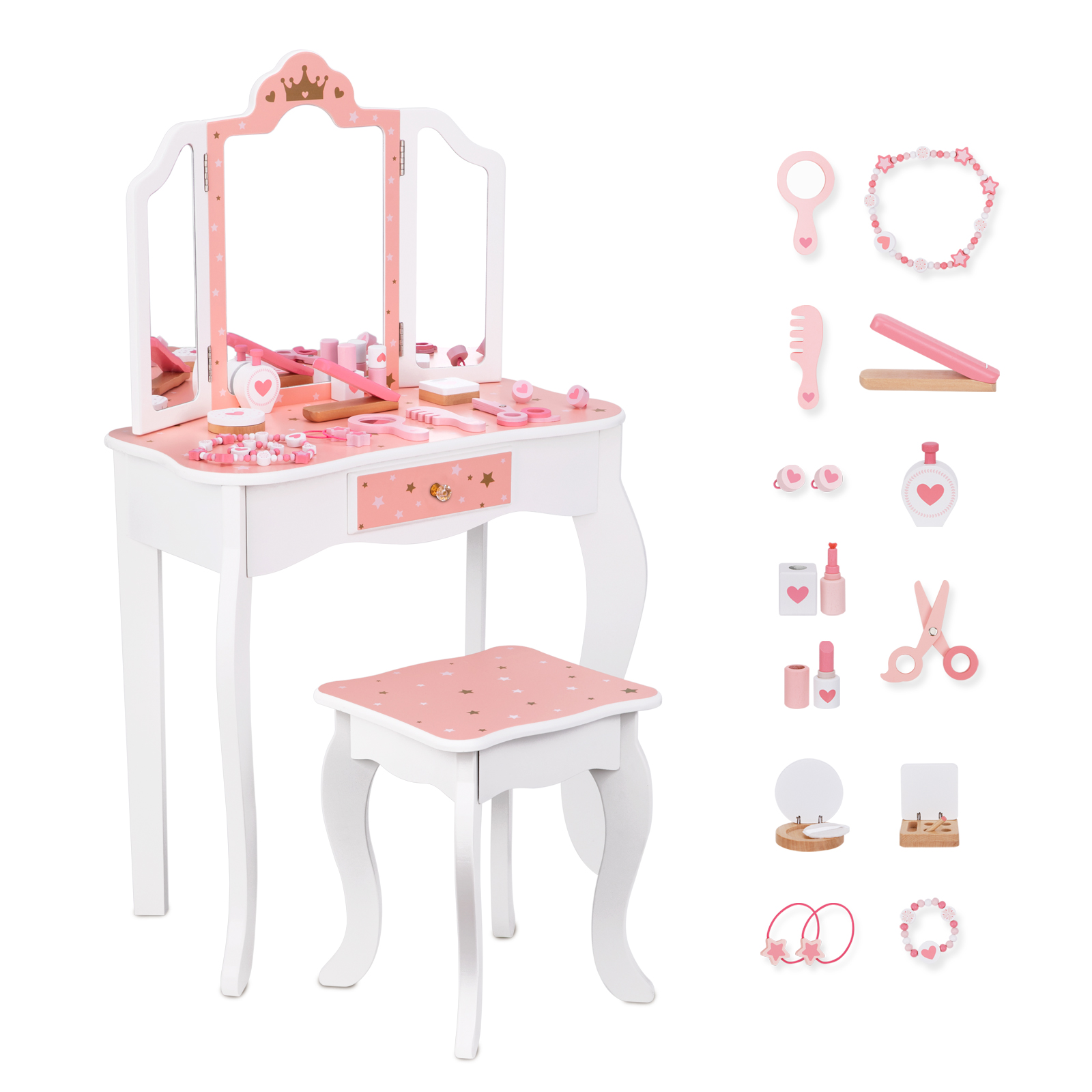 Ktaxon Kids' Wooden Vanity Table and Stool Set with 3 Mirrors, Princess ...