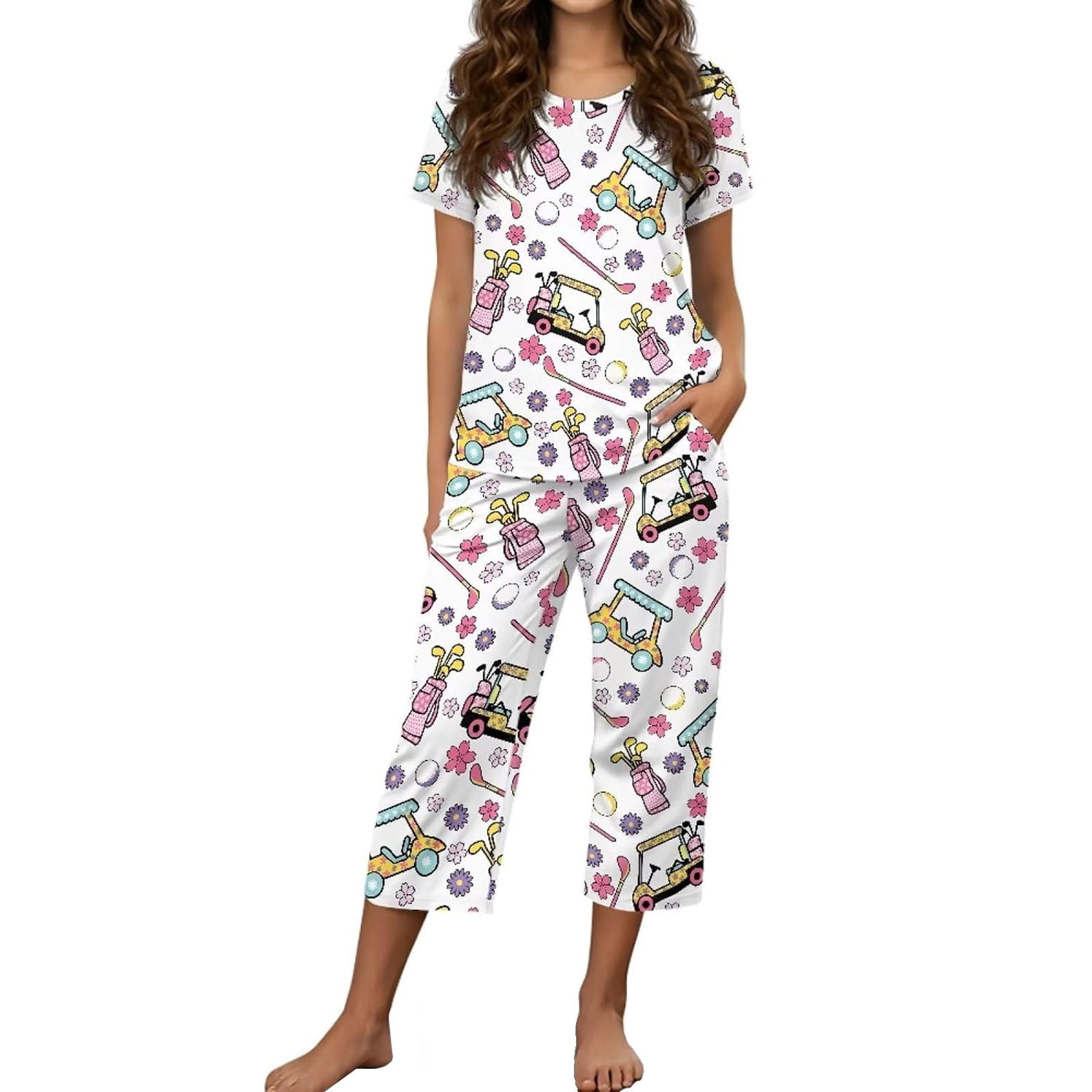 OOOUM Women's Fun Print Pajama Set Short Sleeve Crew Neck Top and Capri ...