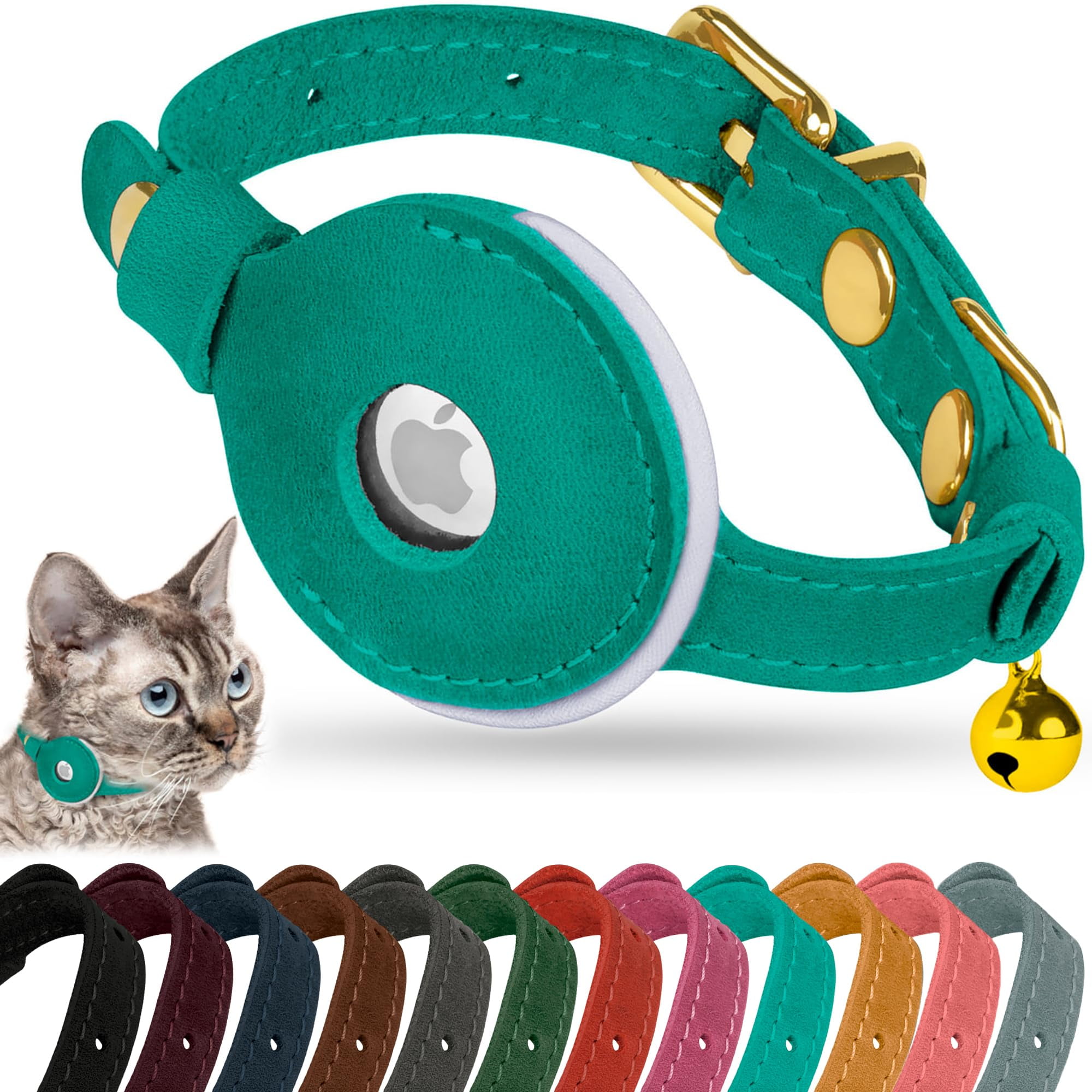 OOPSDOGGY Reflective Leather AirTag Cat Collar with Bell - Non Breakaway Adjustable Pet Collar ...
