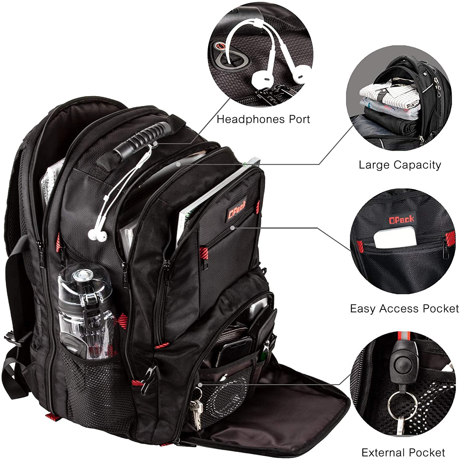 OPACK Extra Large RFID-Safe Travel Backpack with USB Charging Port ...