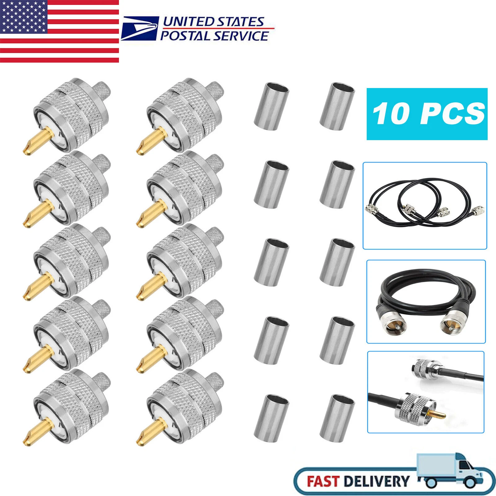 OPAL- 10 Pcs Uhf Pl-259 Male Crimp Connectors For Rg8X Lmr240 Type Coax ...