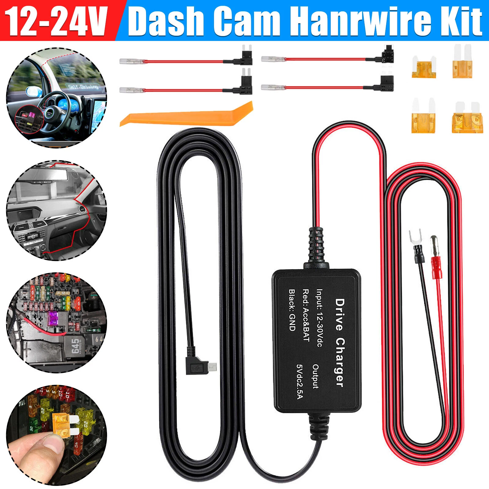 OPAL- 12V To 5V Mini Usb Hard Wire Cable Kit Fuse For Car Dash Cam Dvr ...