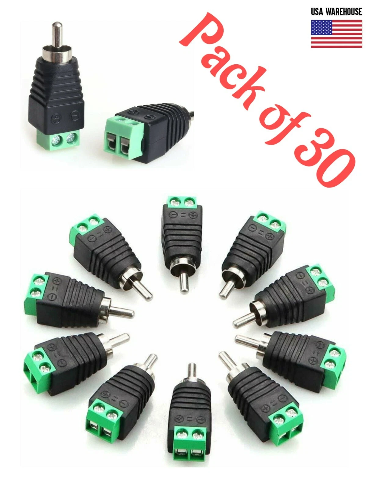 OPAL- 30Pcs Of Speaker Wire Cable To Audio Rca Male Connector Adapter ...